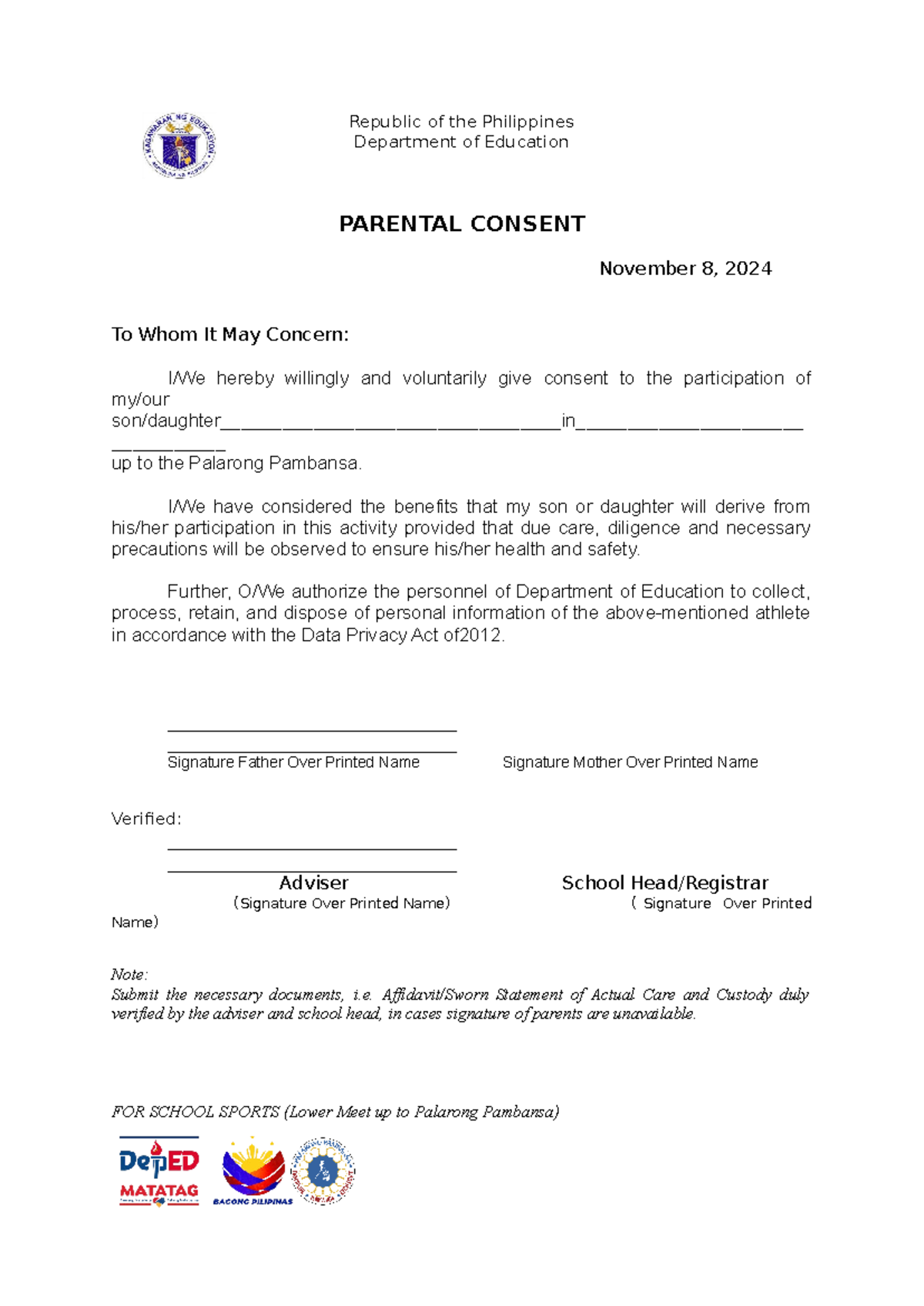 Parental-consent intrams-2024 - Republic of the Philippines Department of Education PARENTAL ...