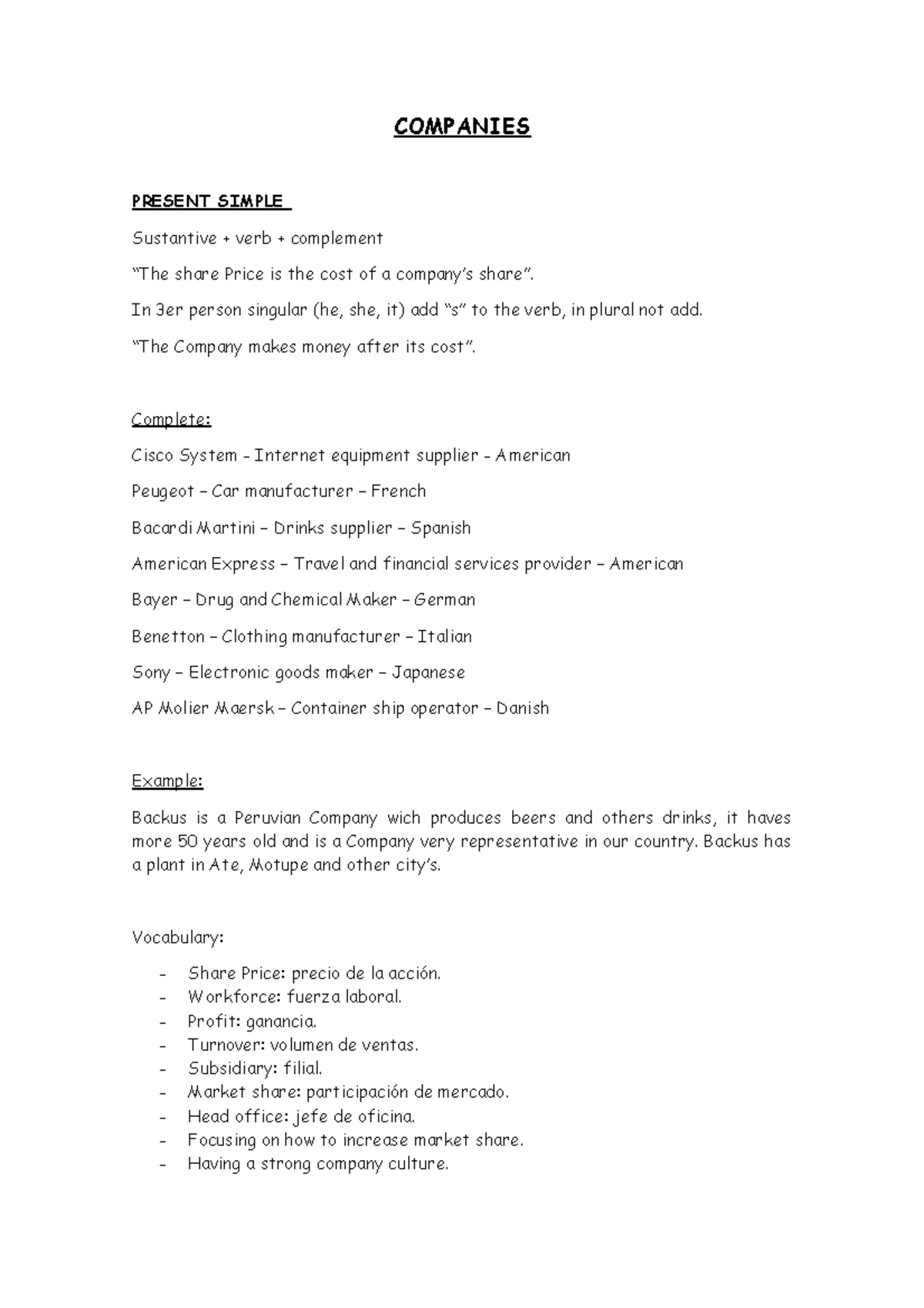 Companies - COMPANIES PRESENT SIMPLE Sustantive + verb + complement ...