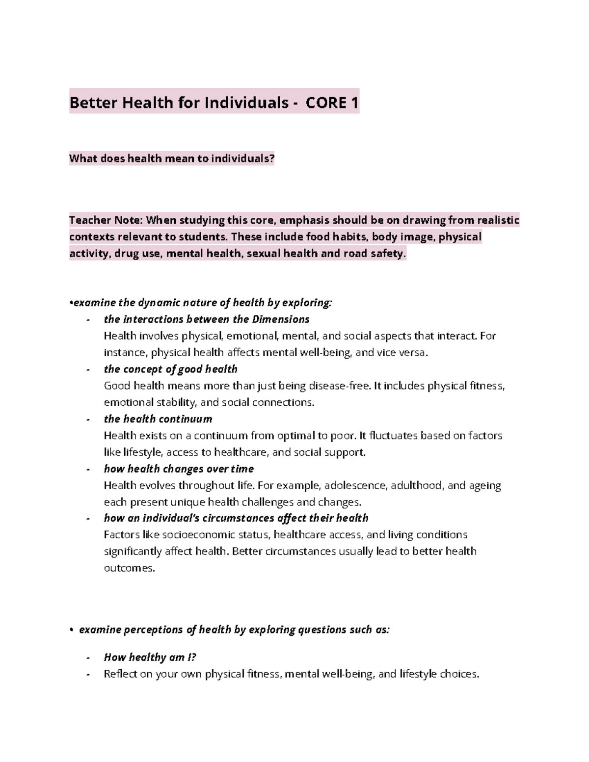 Pdhpe Prelim Notes - ZOE BUSH - Better Health for Individuals - CORE 1 ...