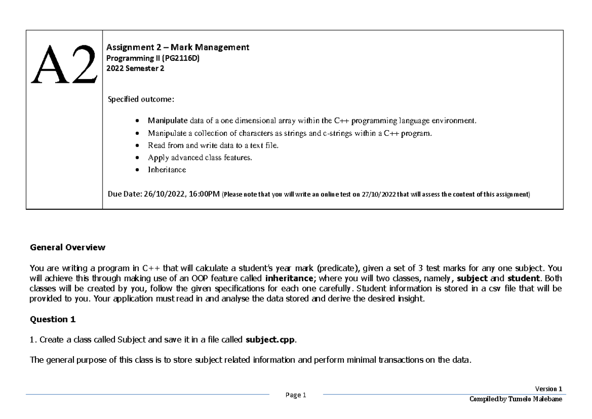 PG2116D2022S2 Assignment 2v1 - Page 1 Version 1 A 2 Assignment 2 – Mark Management Programming ...