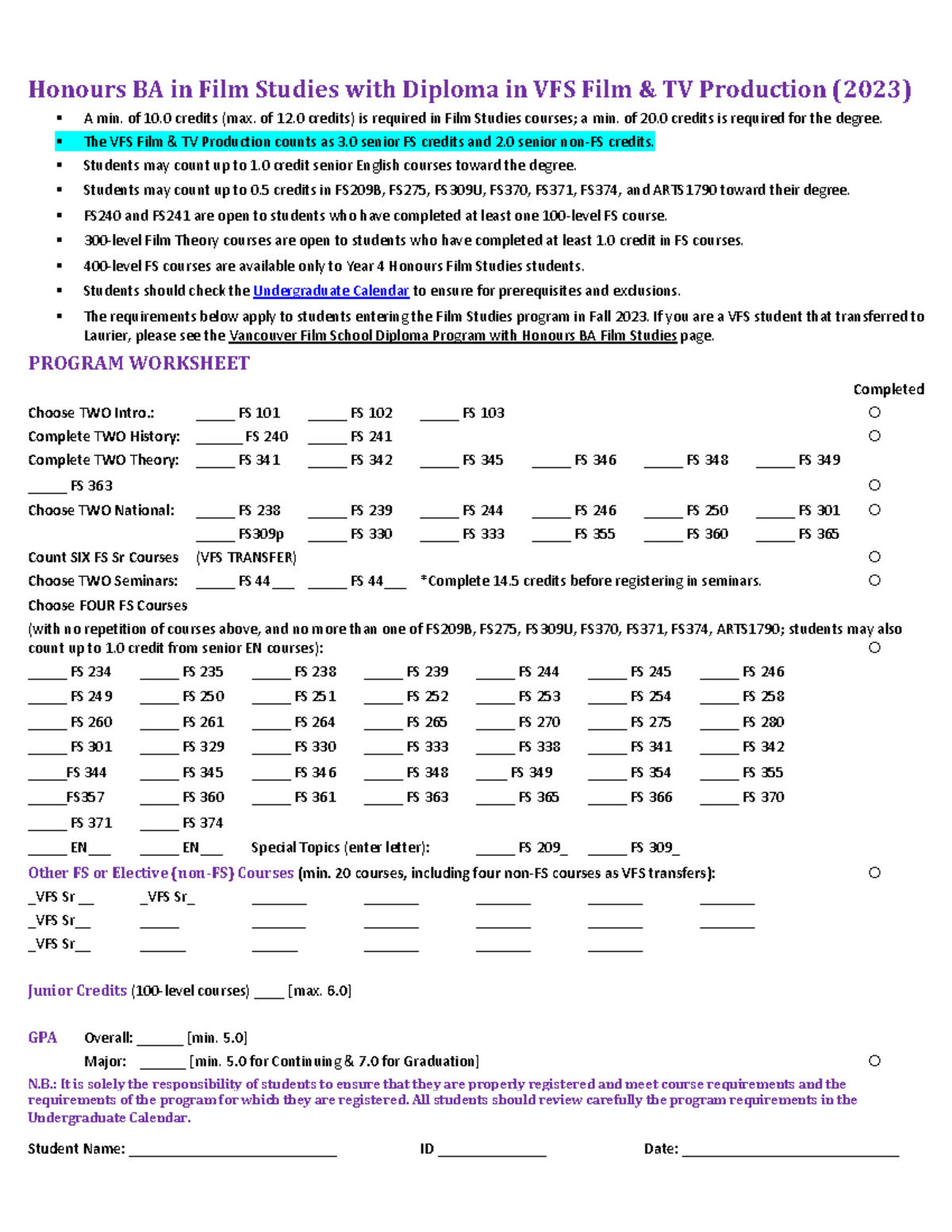 Film ba vfs production worksheet - Honours BA in Film Studies with ...