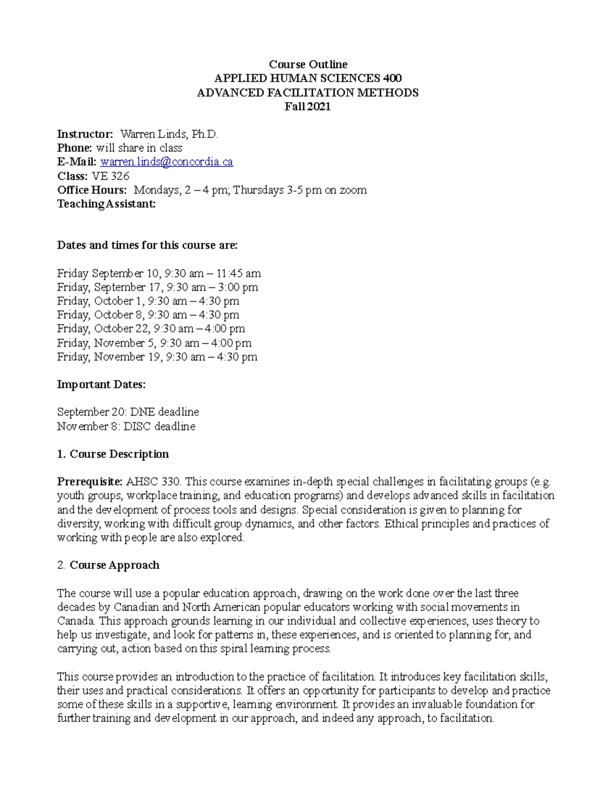 AHSC 400 Fall 2021 Syllabus Warren Linds - Course Outline APPLIED HUMAN ...