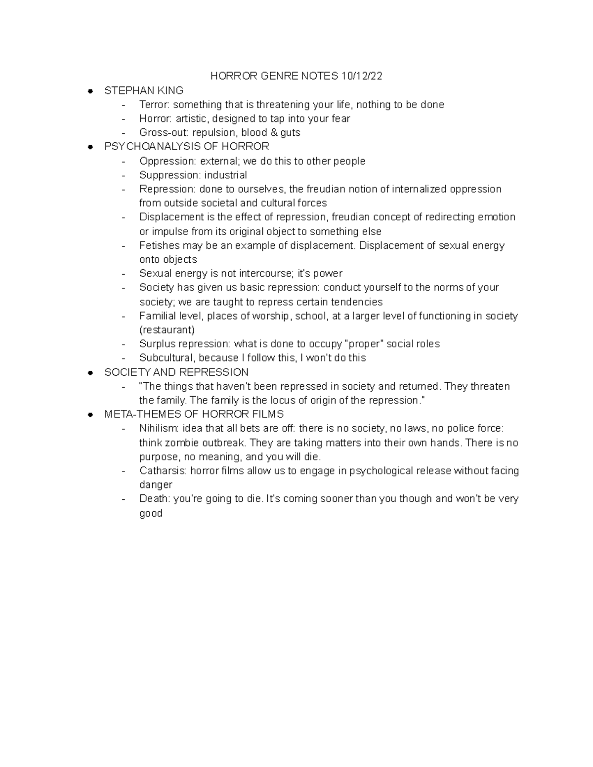 Horror Genre Notes - HORROR GENRE NOTES 10/12/ STEPHAN KING Terror ...