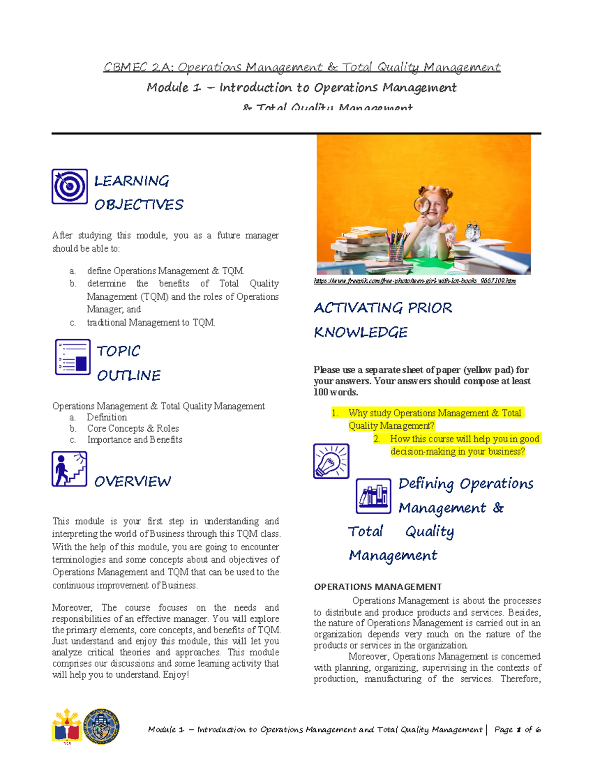 Module 1 Operations Management AND Total Quality Management - LEARNING ...