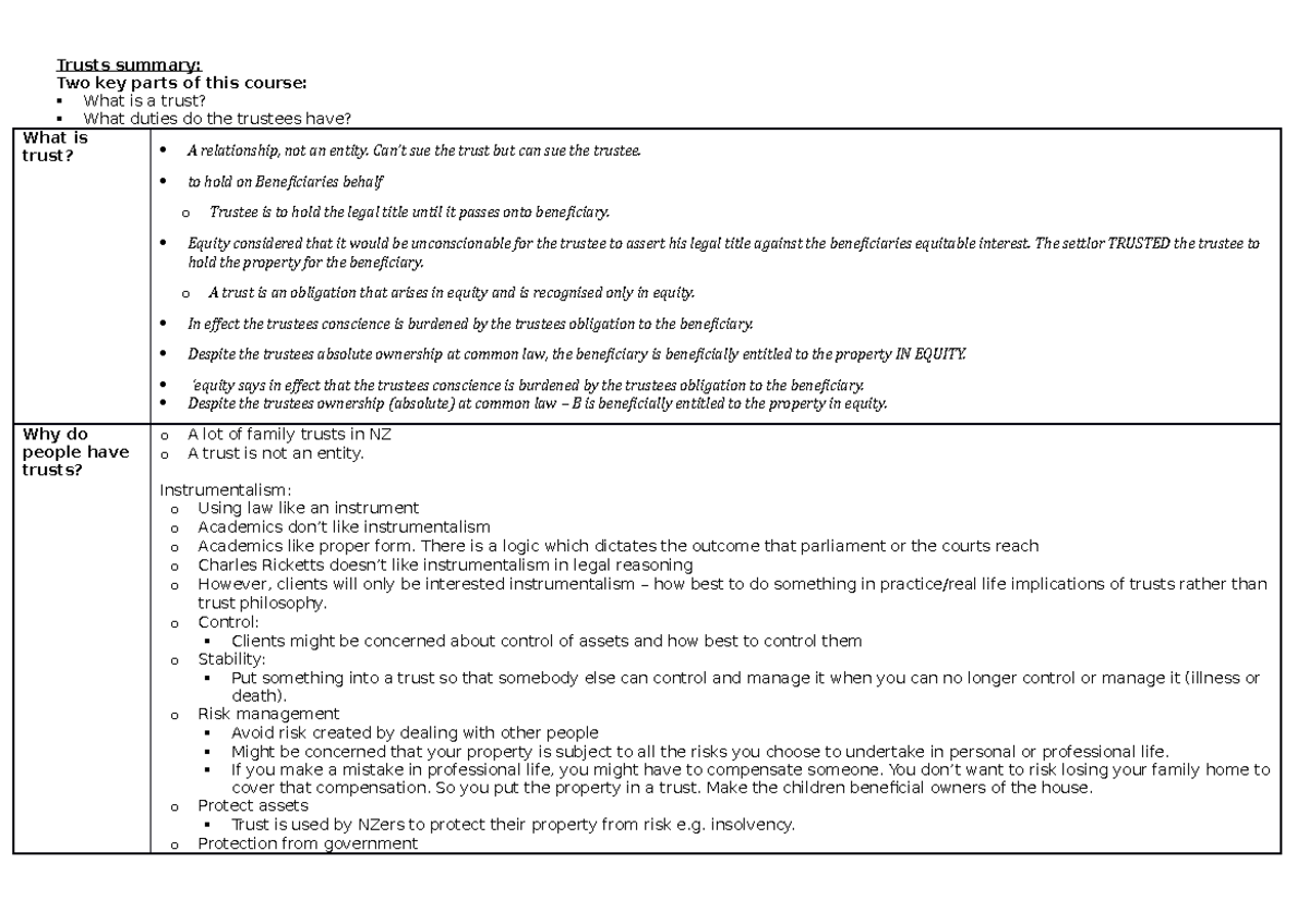 Summarised notes - Summary Equity, Trusts and Succession - Trusts ...