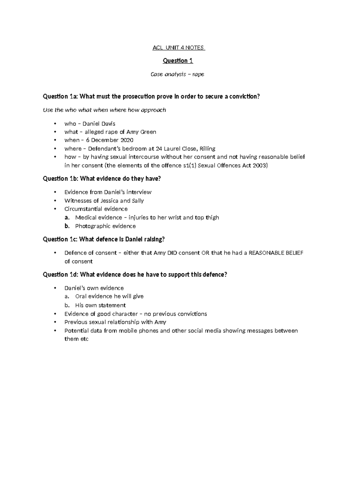ACL UNIT 4 - ACL UNIT 4 NOTES Question 1 Case analysis – rape Question ...