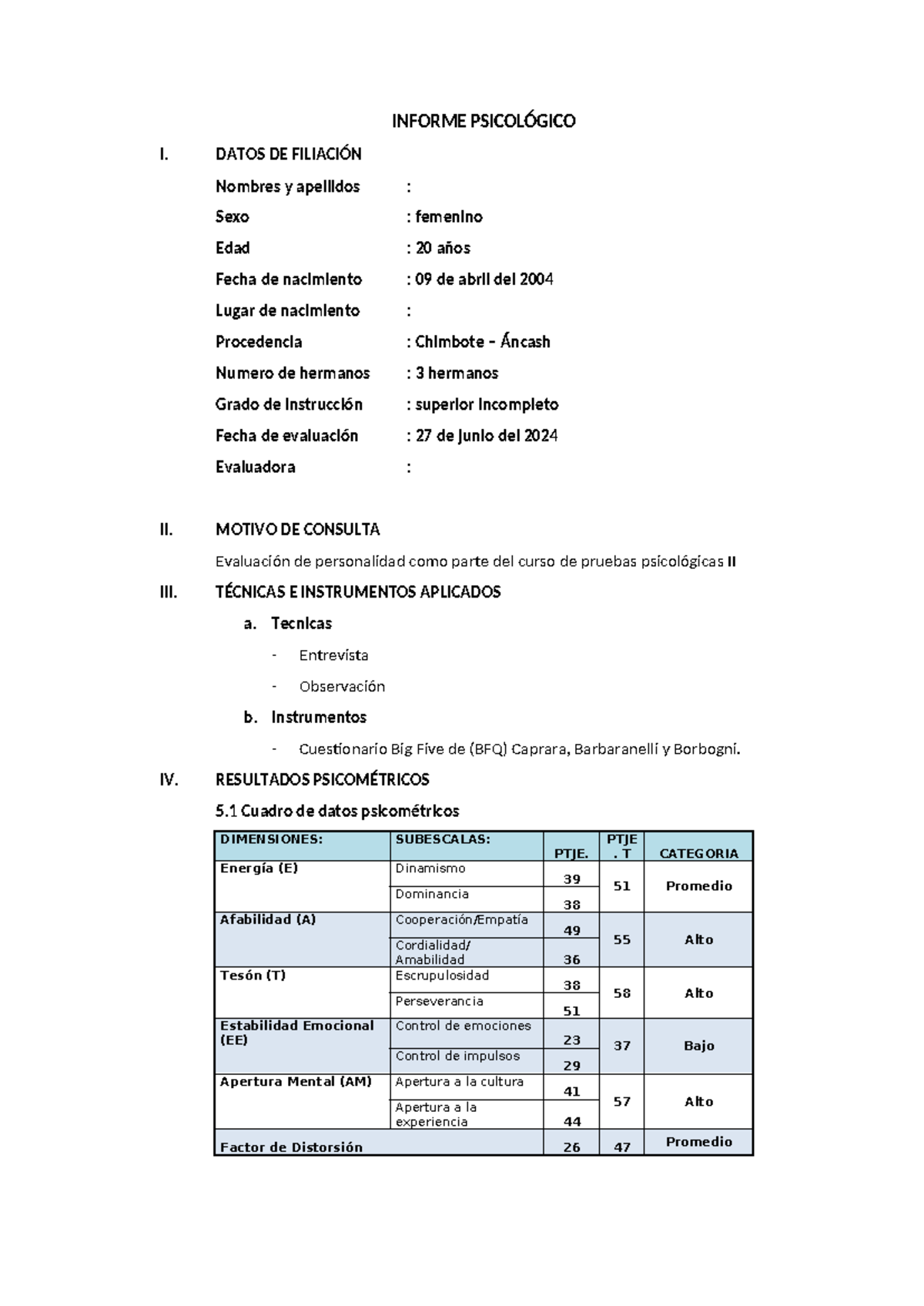 aplicacion de la prueba Big five okll - INFORME PSICOLÓGICO I. DATOS DE ...