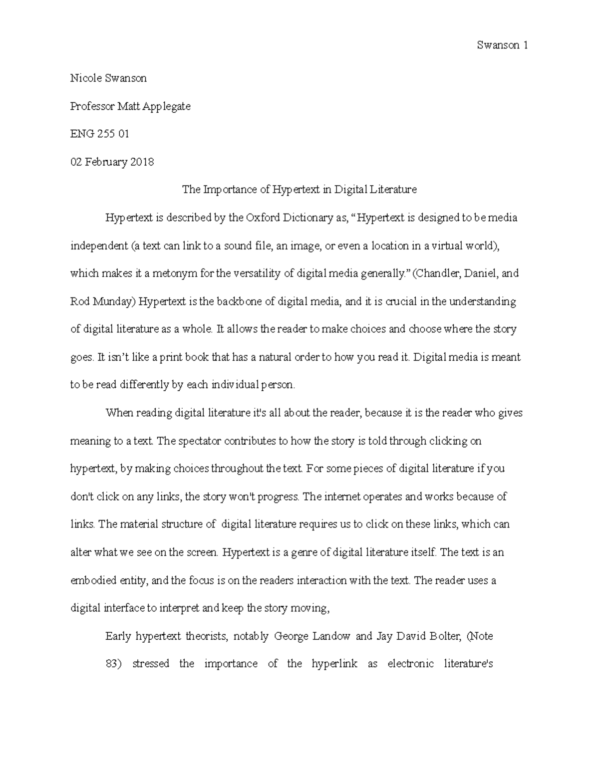 Paper 1 ENG 255 The Importance of Hypertext in Digital Literature ...