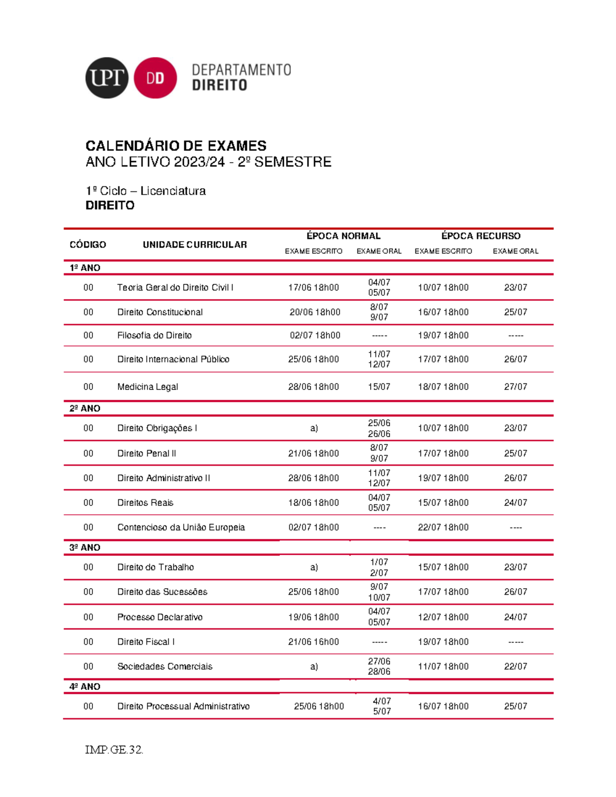 Mapa Exames Direito 2º Semestre 2023-2024 - IMP.GE. CALENDÁRIO DE ...