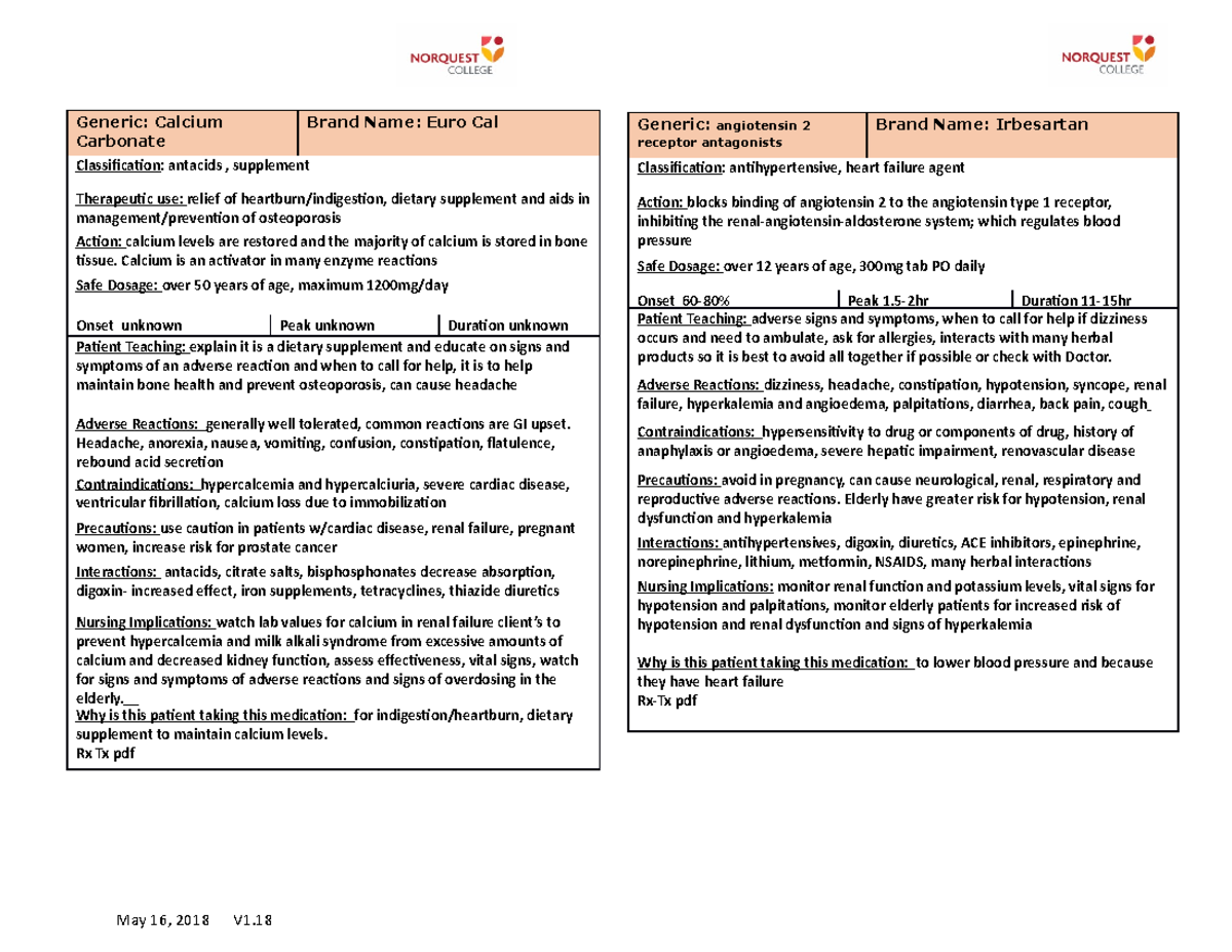 Nursing MEdication Cards - May 16, 2018 V1. Generic: Calcium Carbonate ...