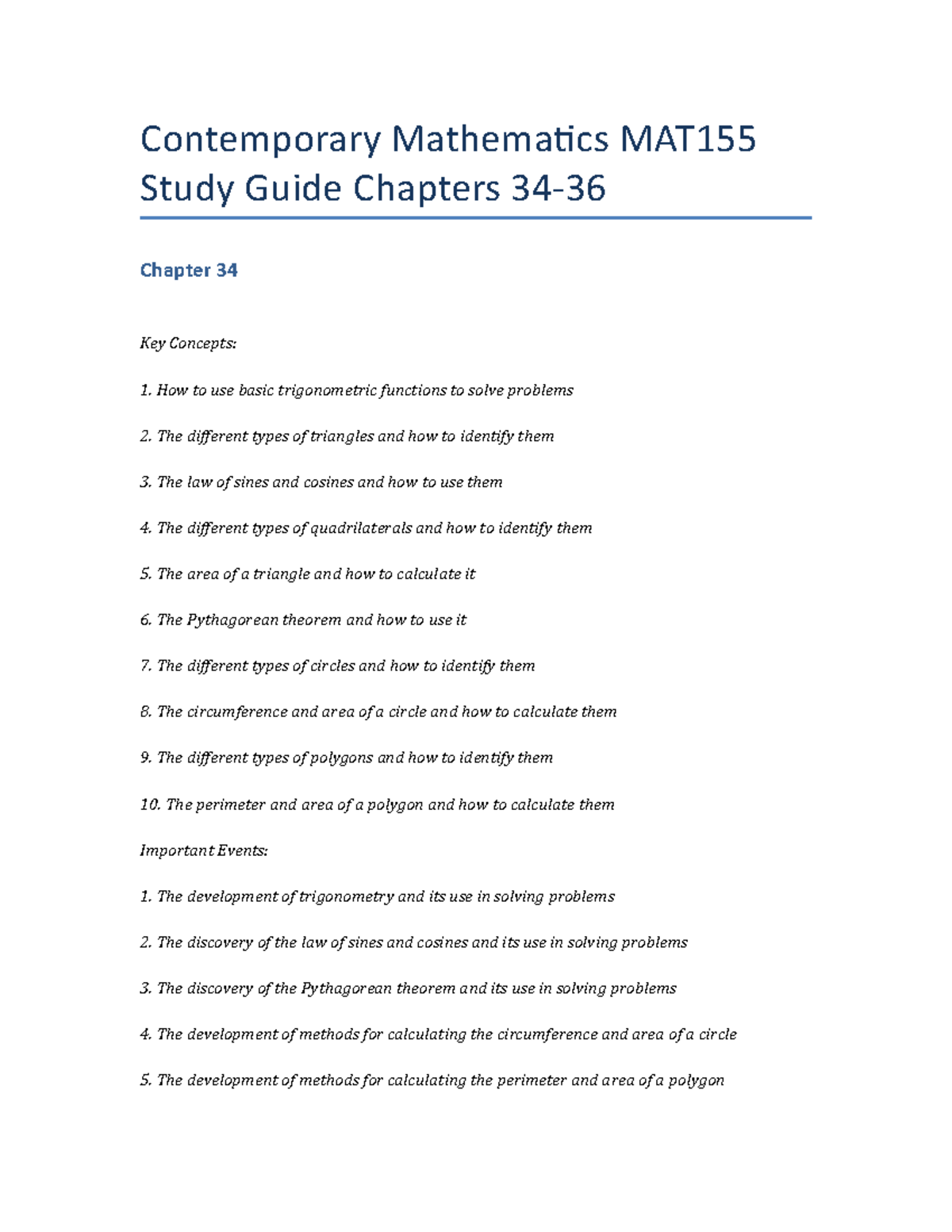Contemporary Mathematics MAT155 Study Guide Chapters 34-36 ...
