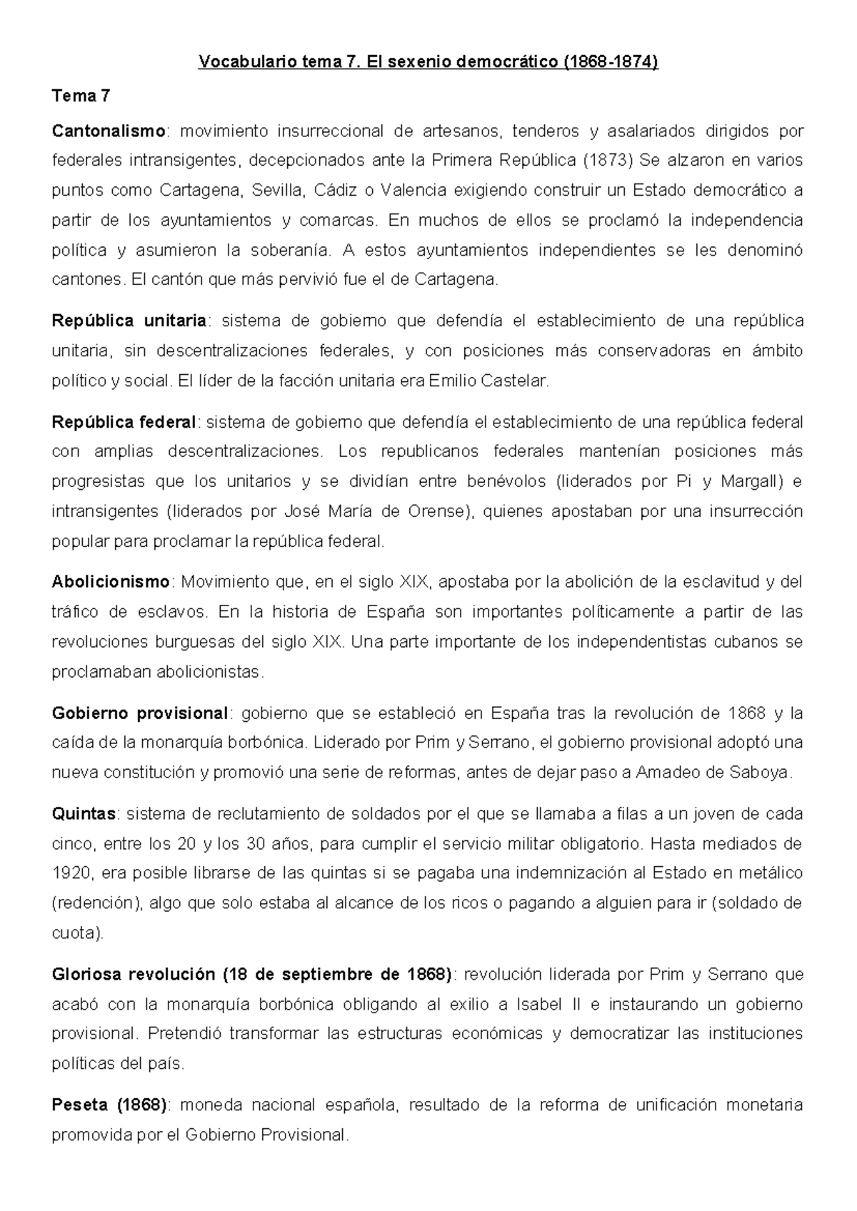 Vocabulario tema 7. El sexenio democrático (1868-1874) - Vocabulario tema 7. El sexenio ...
