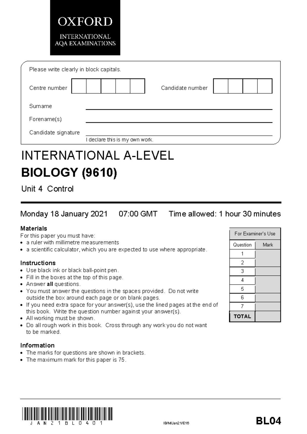 A level biology unit 4 question paper jan21 - JAN21BL0401 IB/M/Jan21 ...