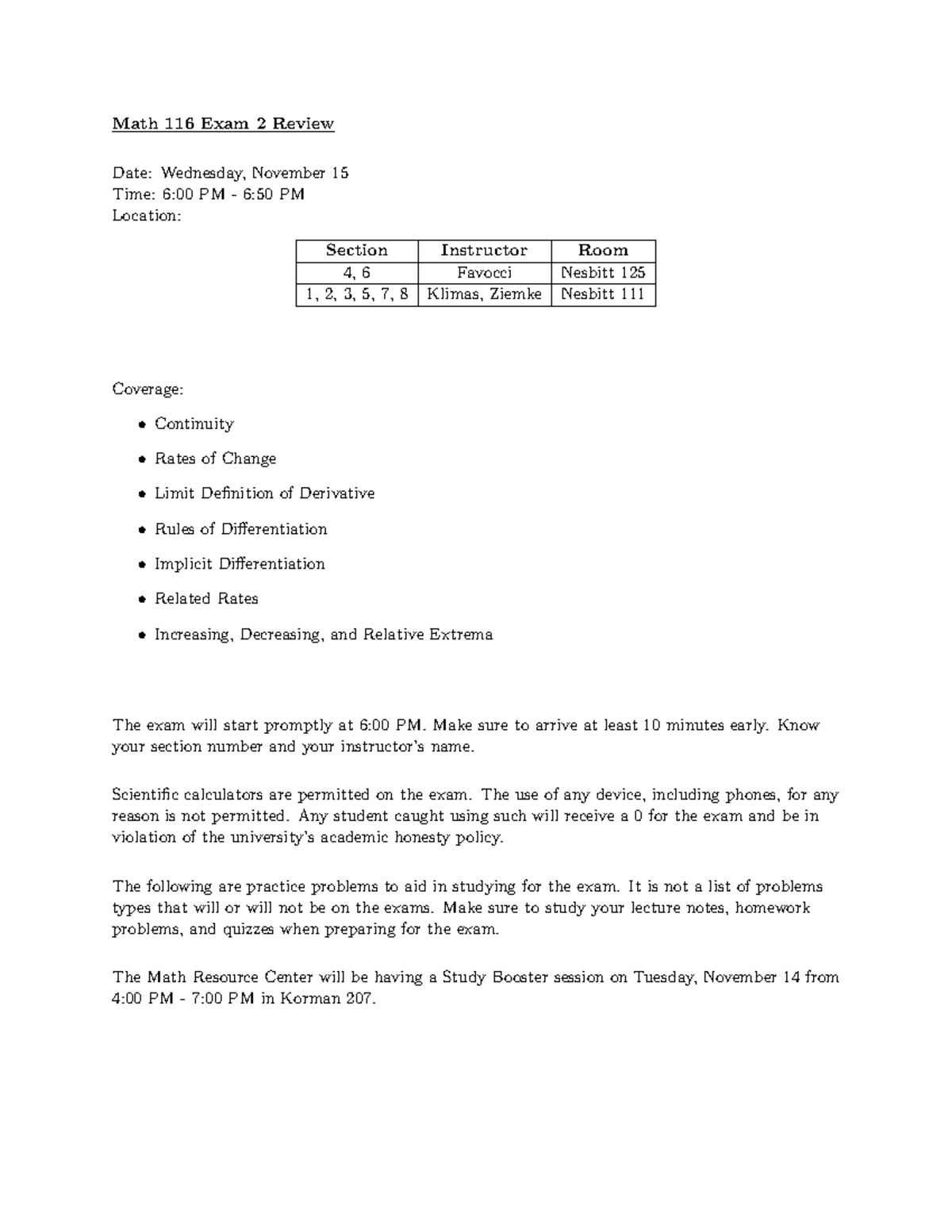 Exam 2 Review - Other - Math 116 Exam 2 Review Date: Wednesday ...