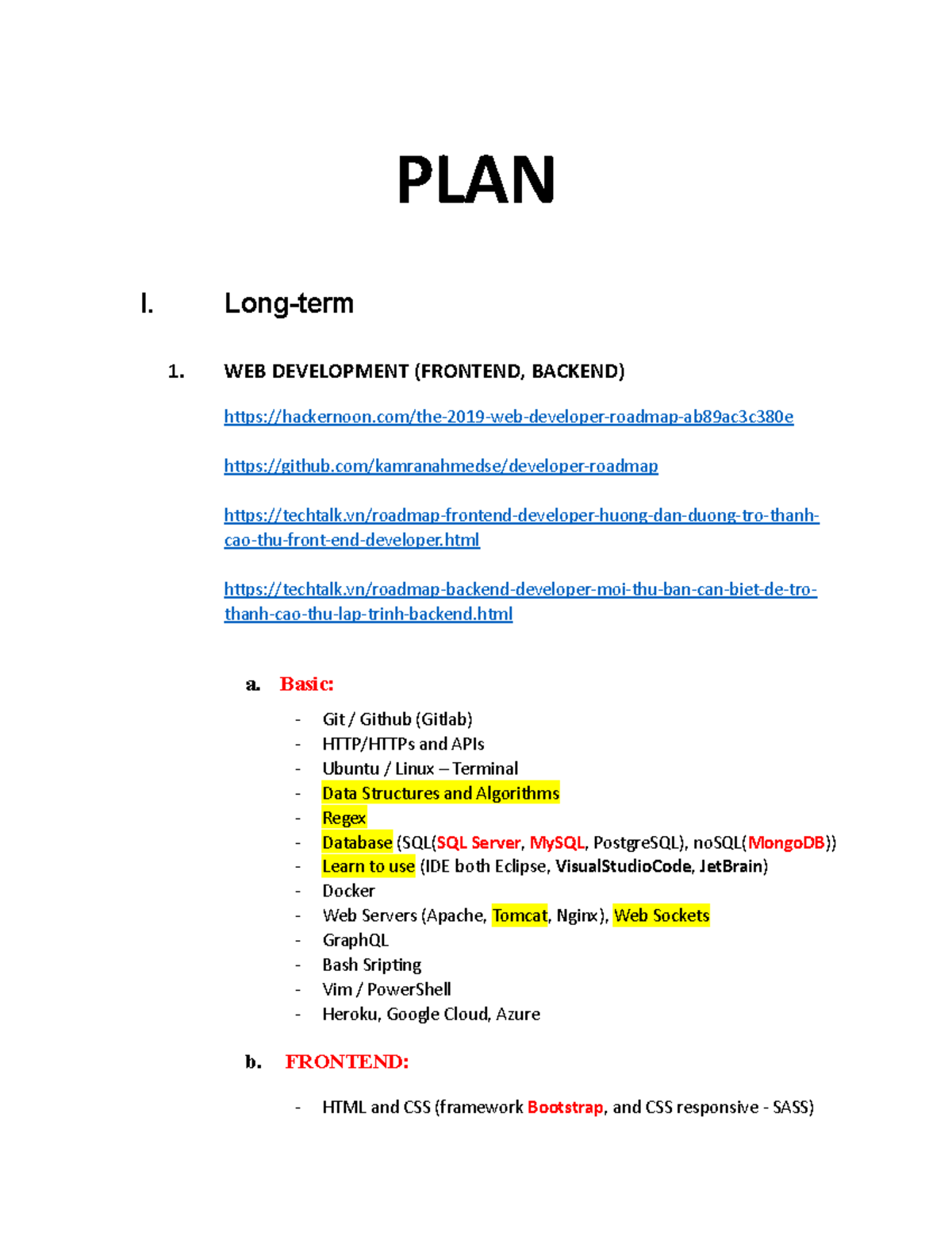 PLAN - PLAN I. Long-term 1. WEB DEVELOPMENT (FRONTEND, BACKEND) - Studocu