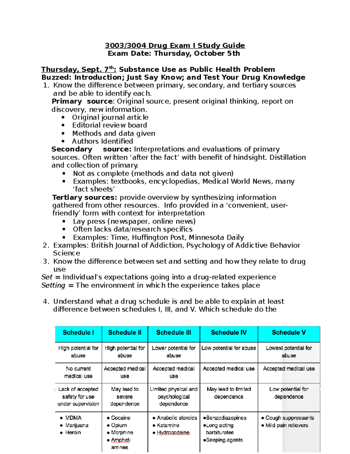 Drug Exam 1 Study Guide - Drug Exam I Study Guide Exam Date: Thursday ...