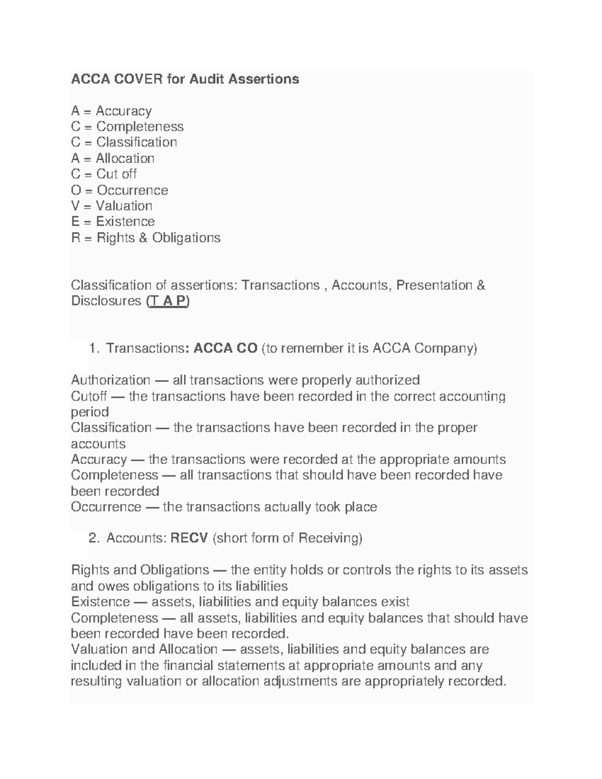 Advanced Audit & Assurance Mnemonics - ACCA COVER for Audit Assertions ...
