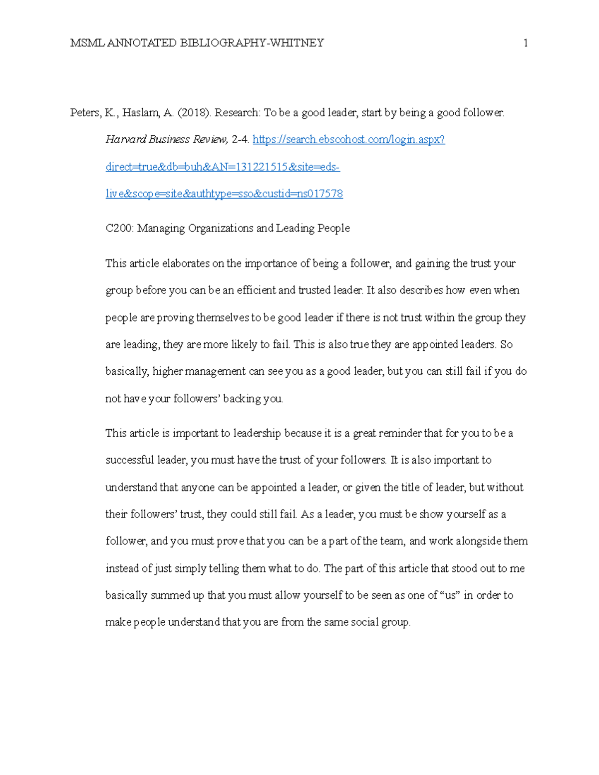 MSML Annotated Bibliography-Whitney - Peters, K., Haslam, A. (2018 ...