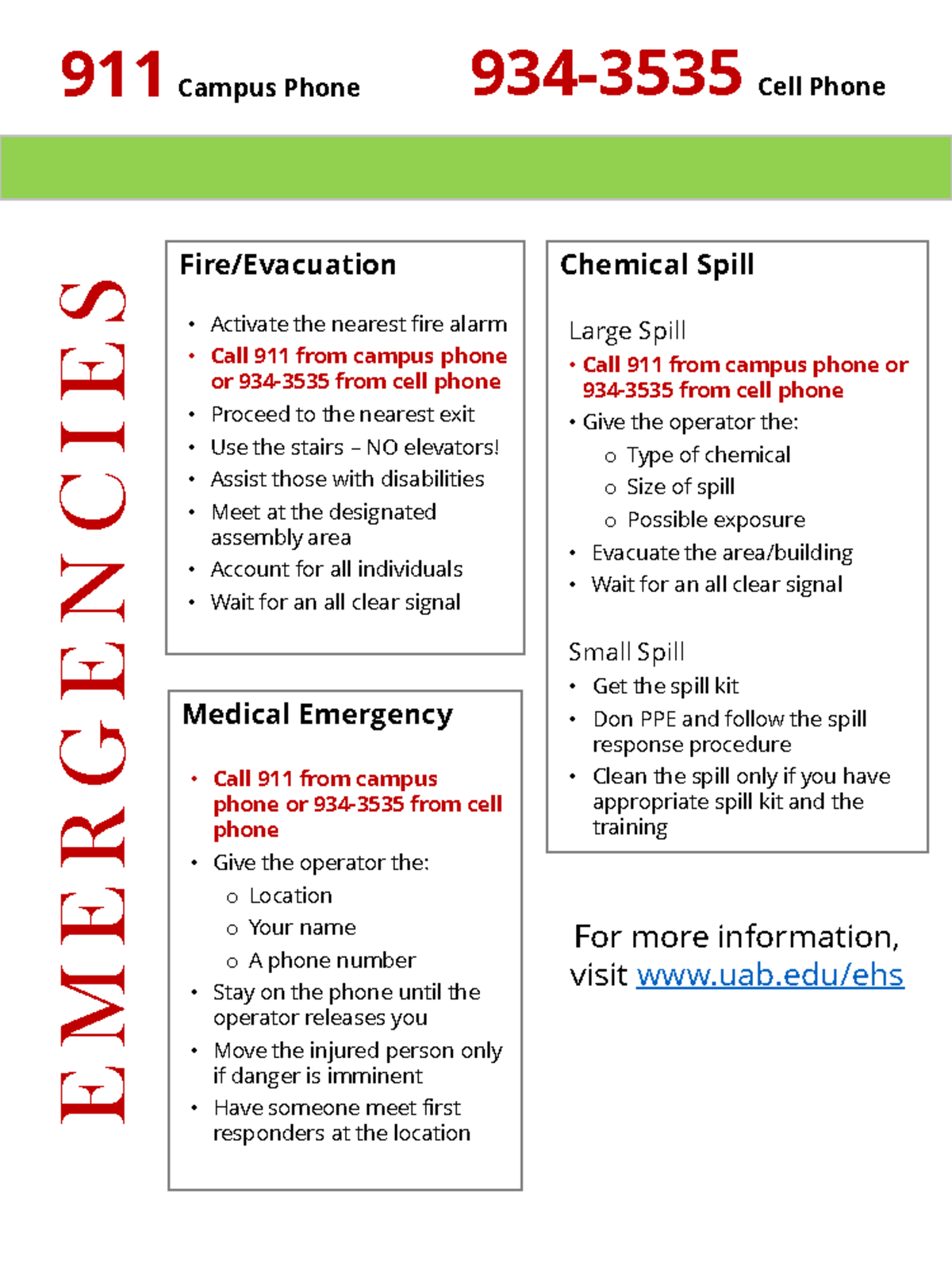 Emergency Procedures EHS - Chemical Spill Large Spill Call 911 from ...