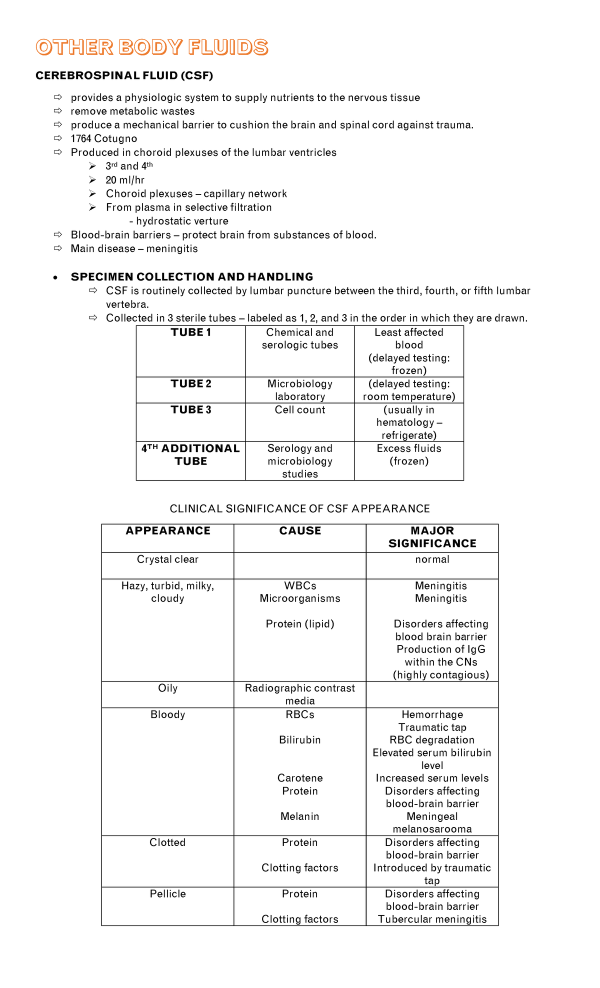 MLSP Other BODY Fluids WEEK 8 1 - CEREBROSPINAL FLUID (CSF) provides a ...