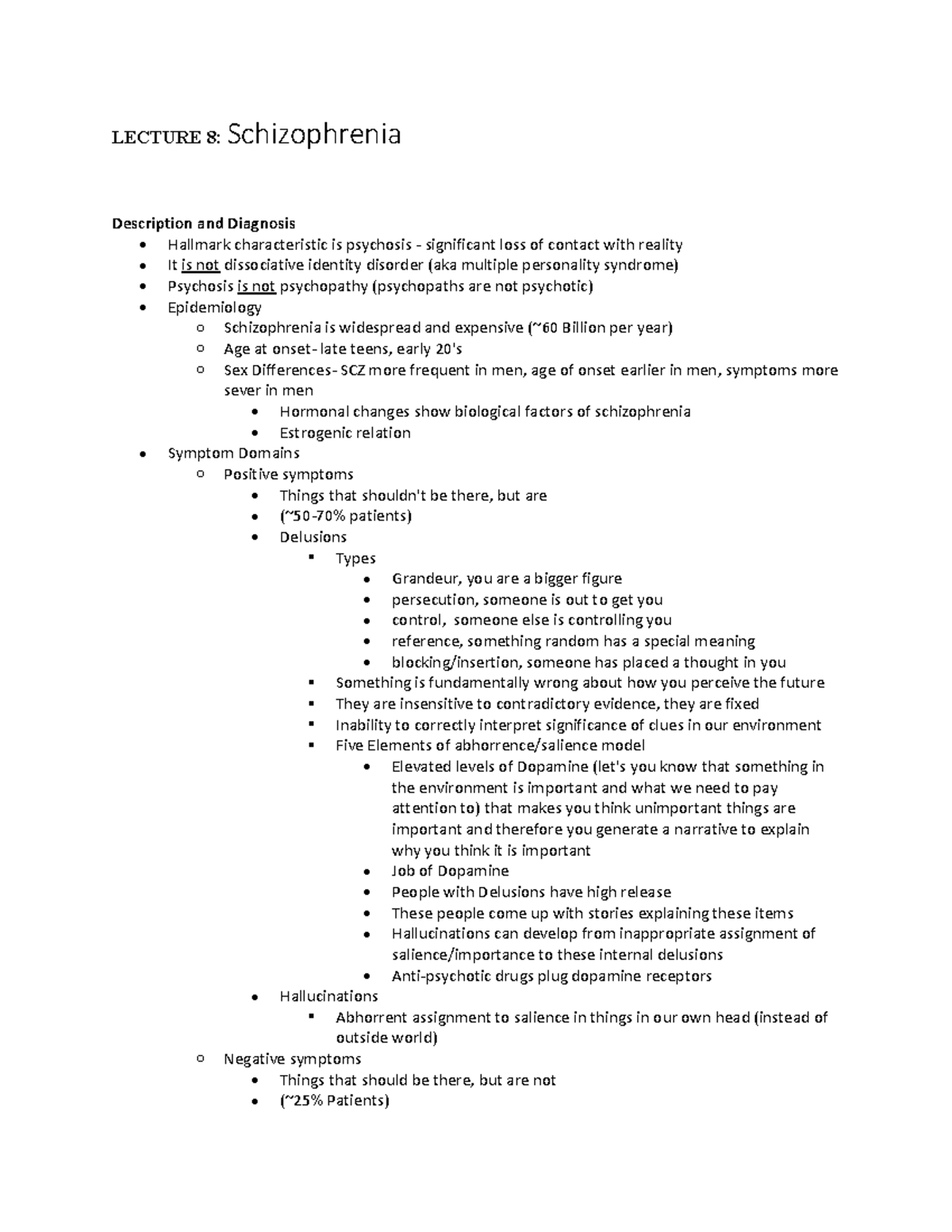 Abnormal Psych - Lecture 8 - LECTURE 8: Schizophrenia Description and ...