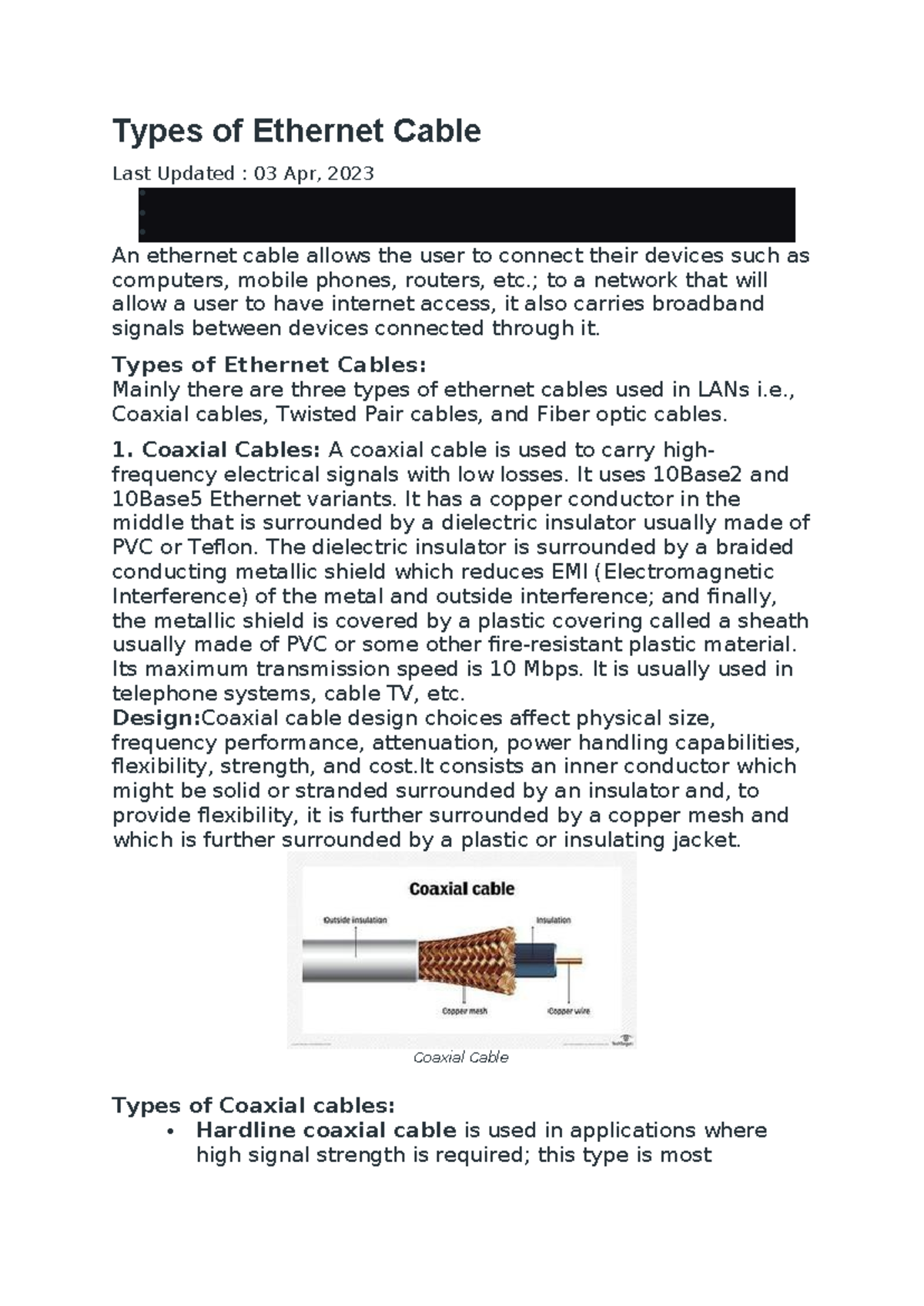 Types of Ethernet Cable - ; to a network that will allow a user to have ...