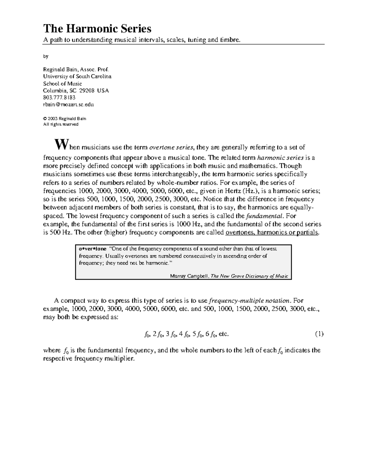 Overtone series 1 - Summary Music fundamental - The Harmonic Series A ...