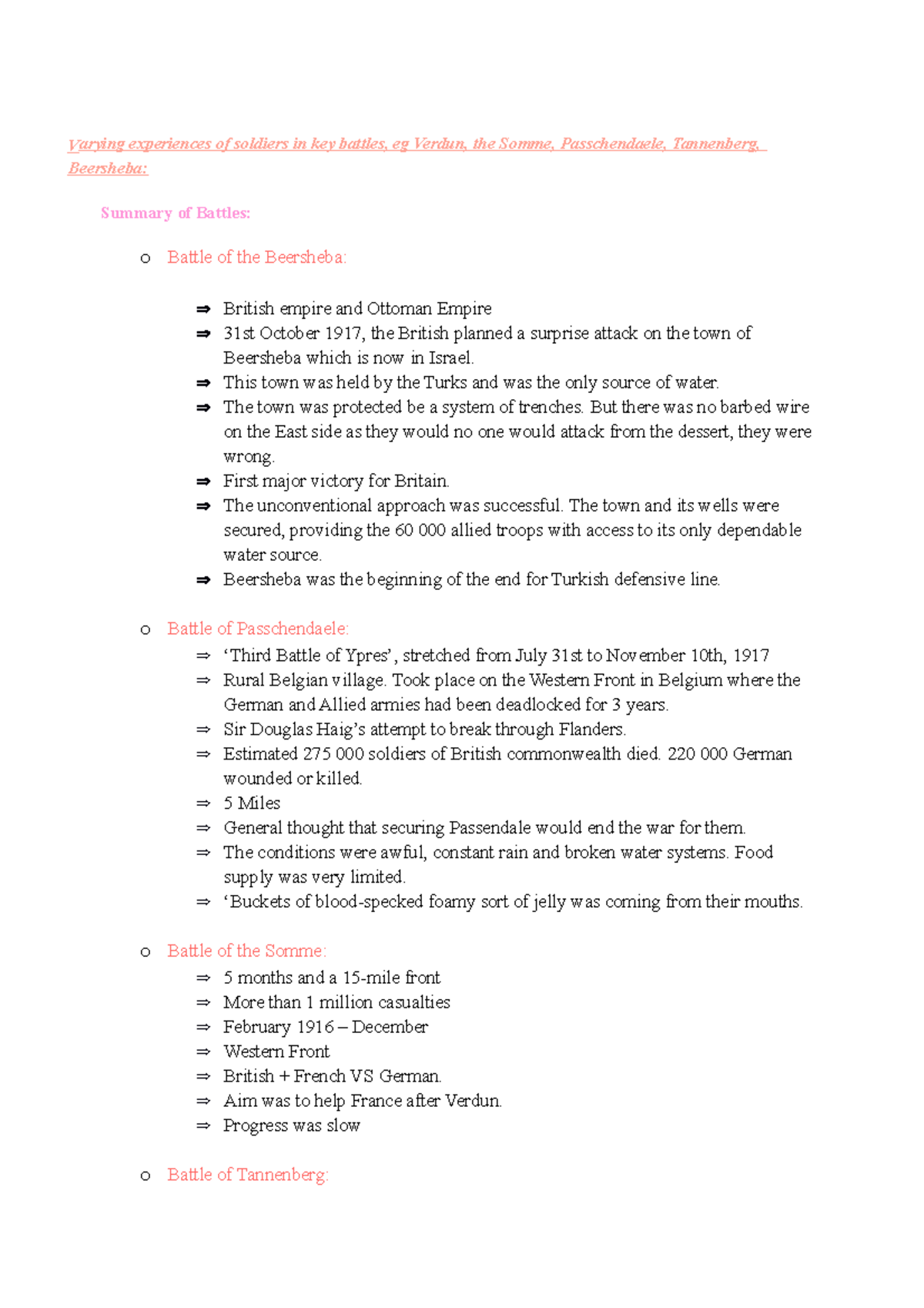 WW1 Prelim Notes - Varying experiences of soldiers in key battles, eg ...