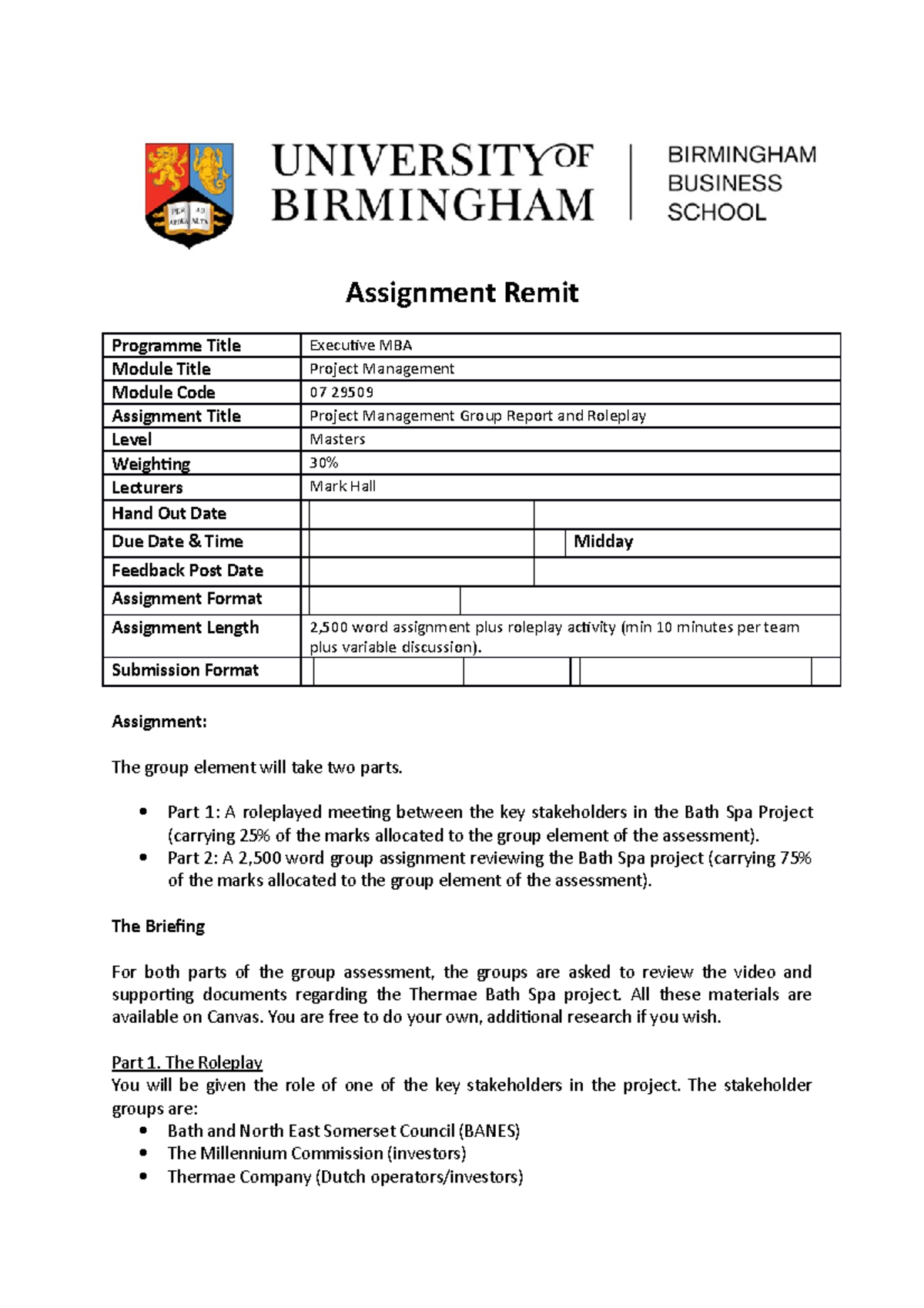 29509 EMBA Project Management - Assignment Remit Programme Title Executive MBA Module Title ...