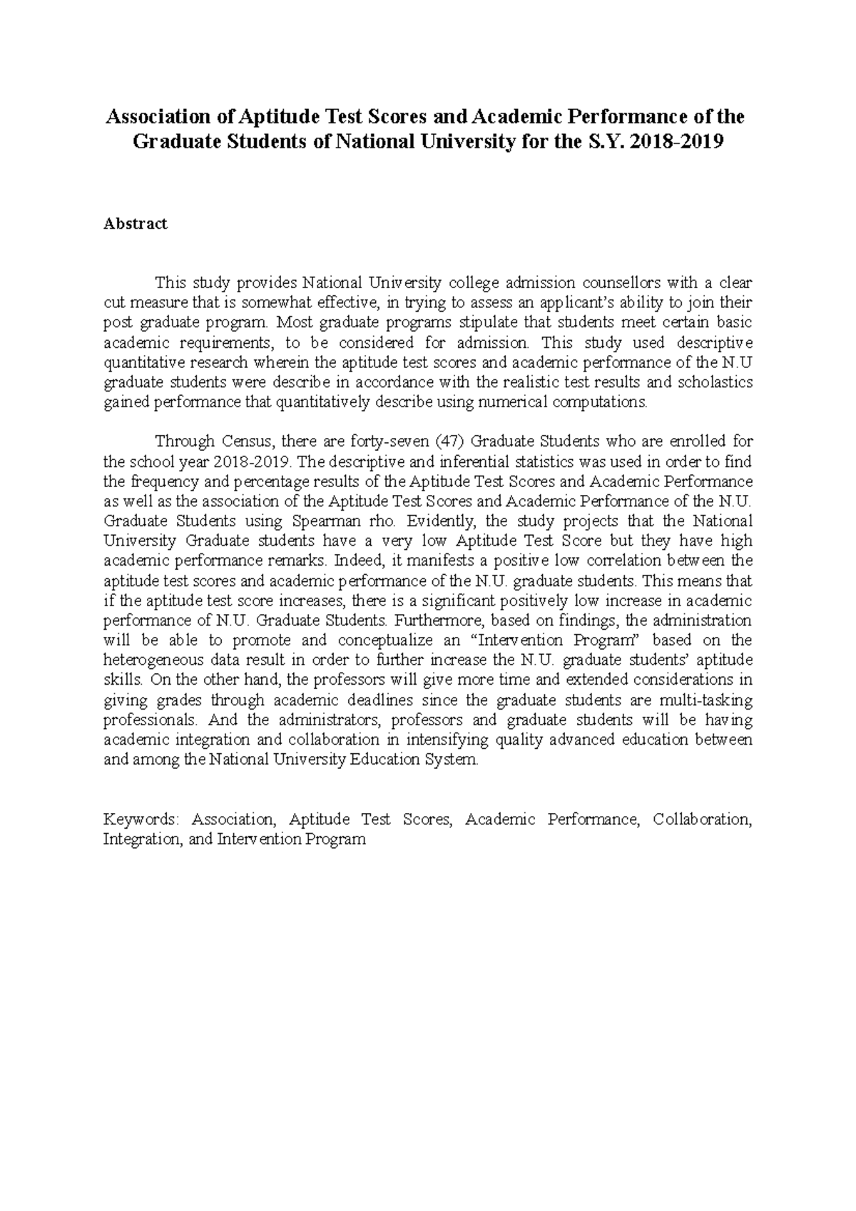 Association of Aptitude Test Scores and Academic Performance of the ...