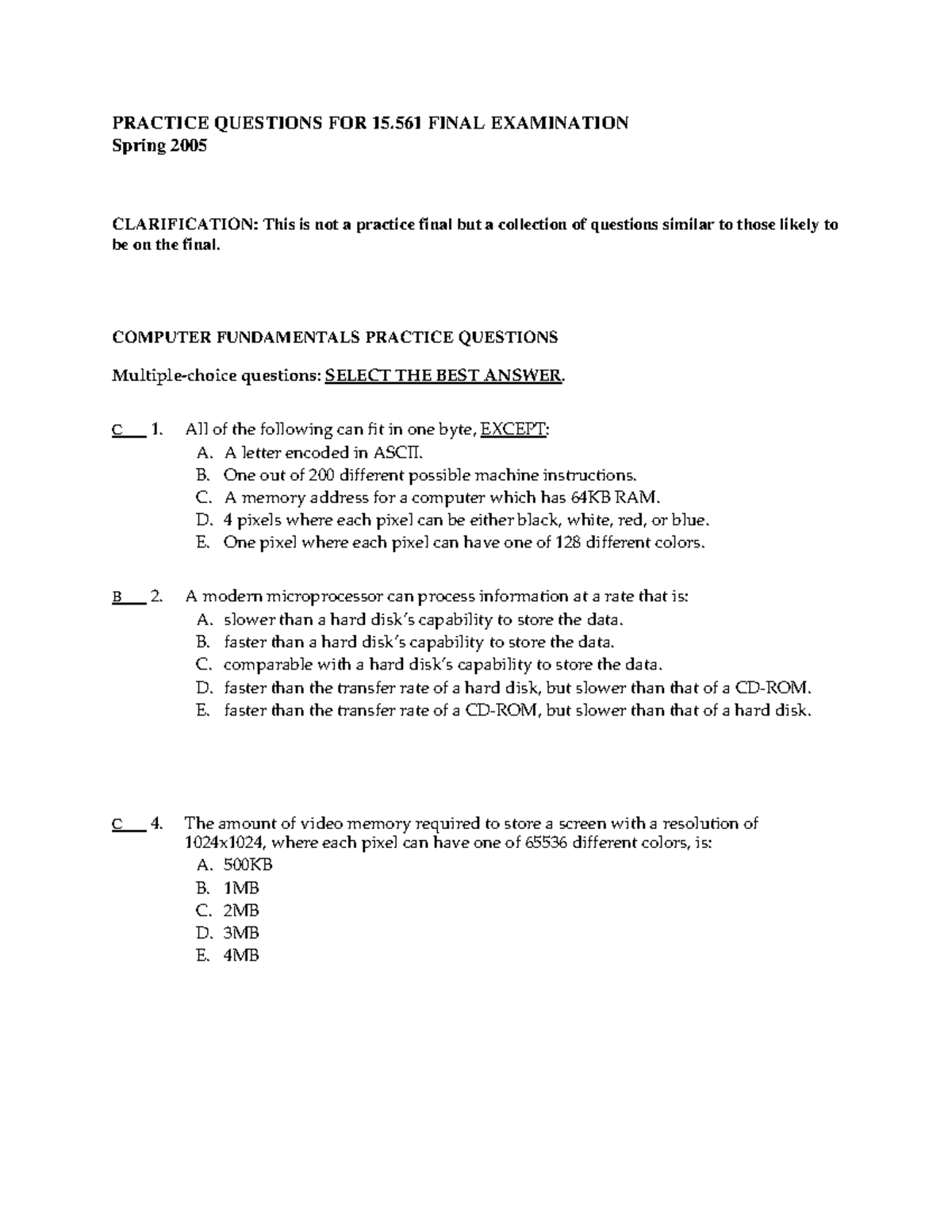 Final Exam for Information Technology - PRACTICE QUESTIONS FOR 15 FINAL ...