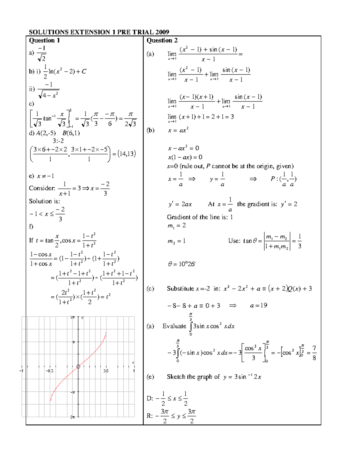 Extension 1 Pre-Trial Maths Solutions 2009 - SOLUTIONS EXTENSION 1 PRE ...