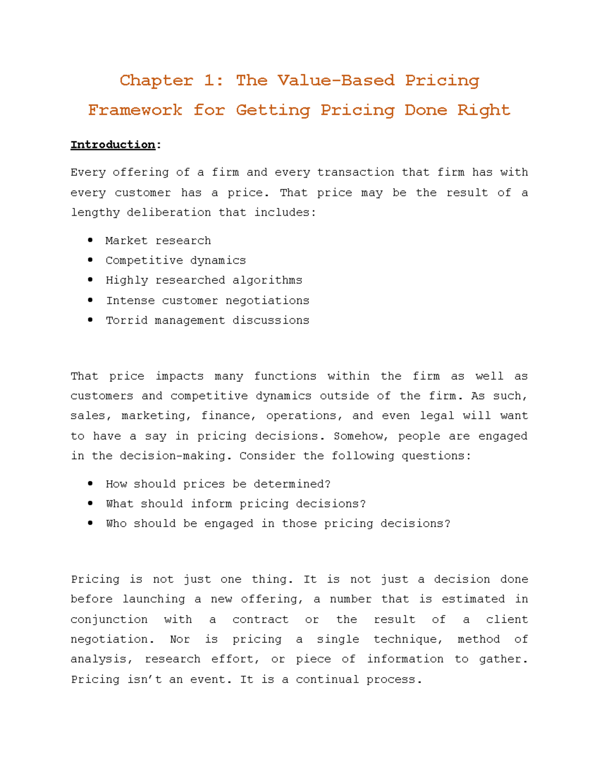 The Value Based Pricing Framework For Getting Pricing Done Right Chapter 1 The Value Based