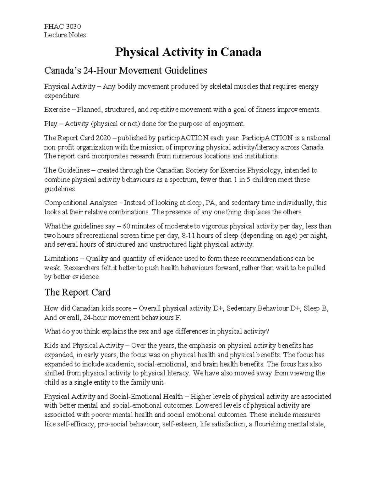 Lecture Notes - Lecture Notes Physical Activity in Canada Canada’s 24 ...