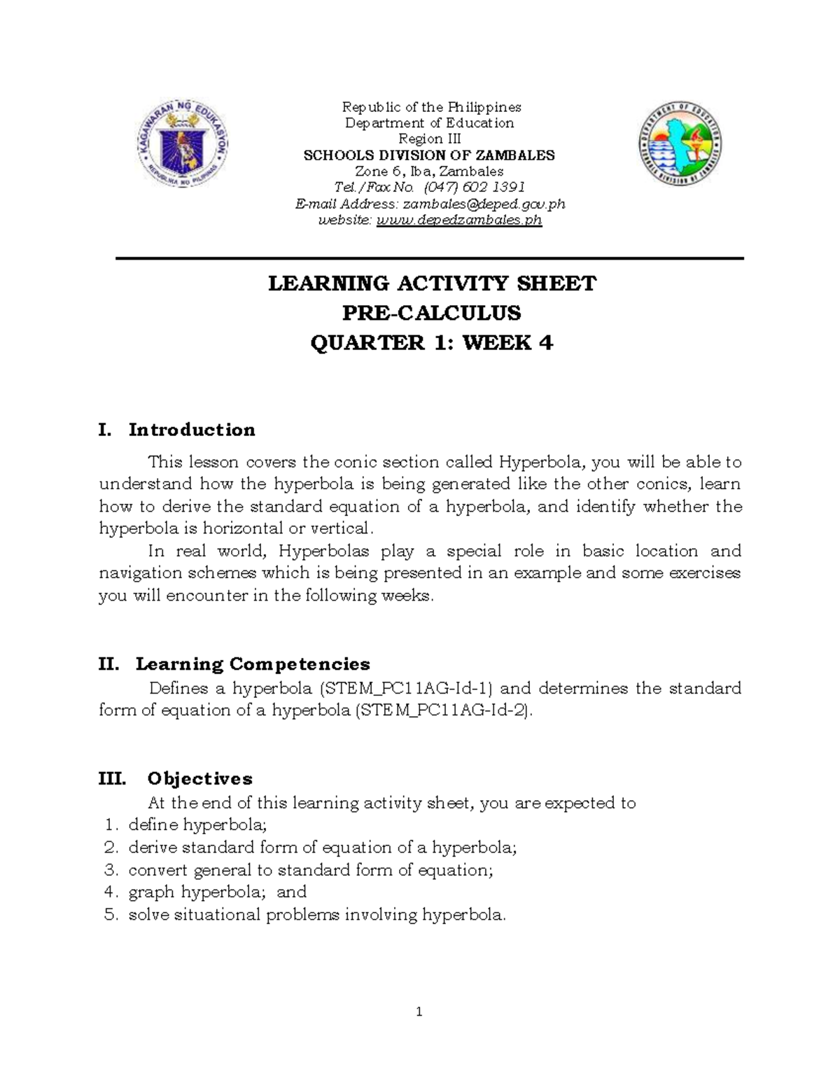 Precal Q 1 Module 4 Conics Hyperbola - Republic of the Philippines ...