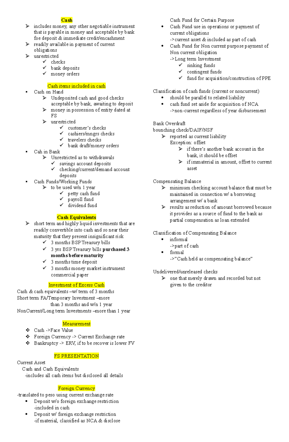 Accounting 105 - Lecture notes all - Cash includes money, any other ...