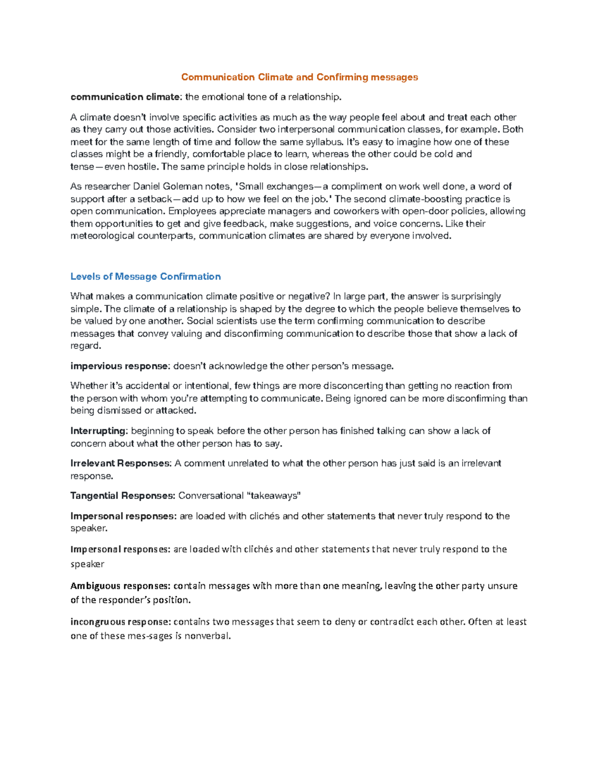 Communication Climate and Confirming messages - Communication Climate ...