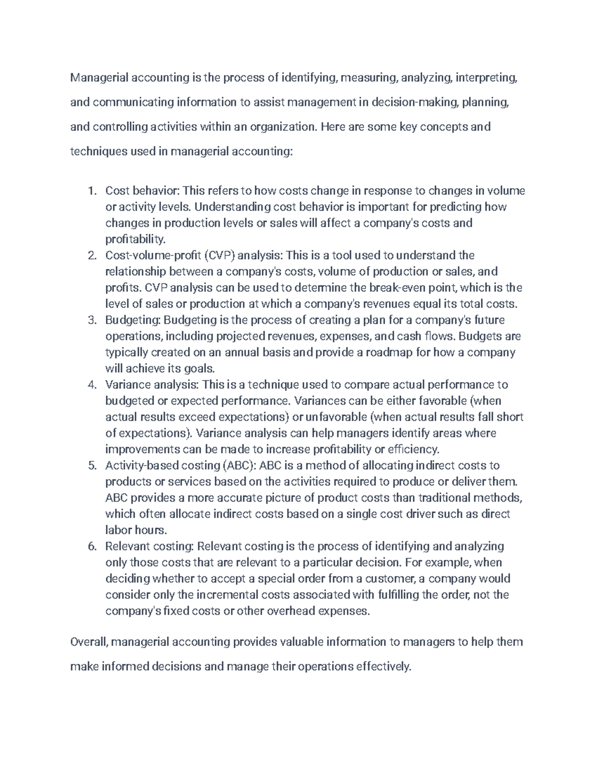 Managerial accounting notes - Here are some key concepts and techniques ...