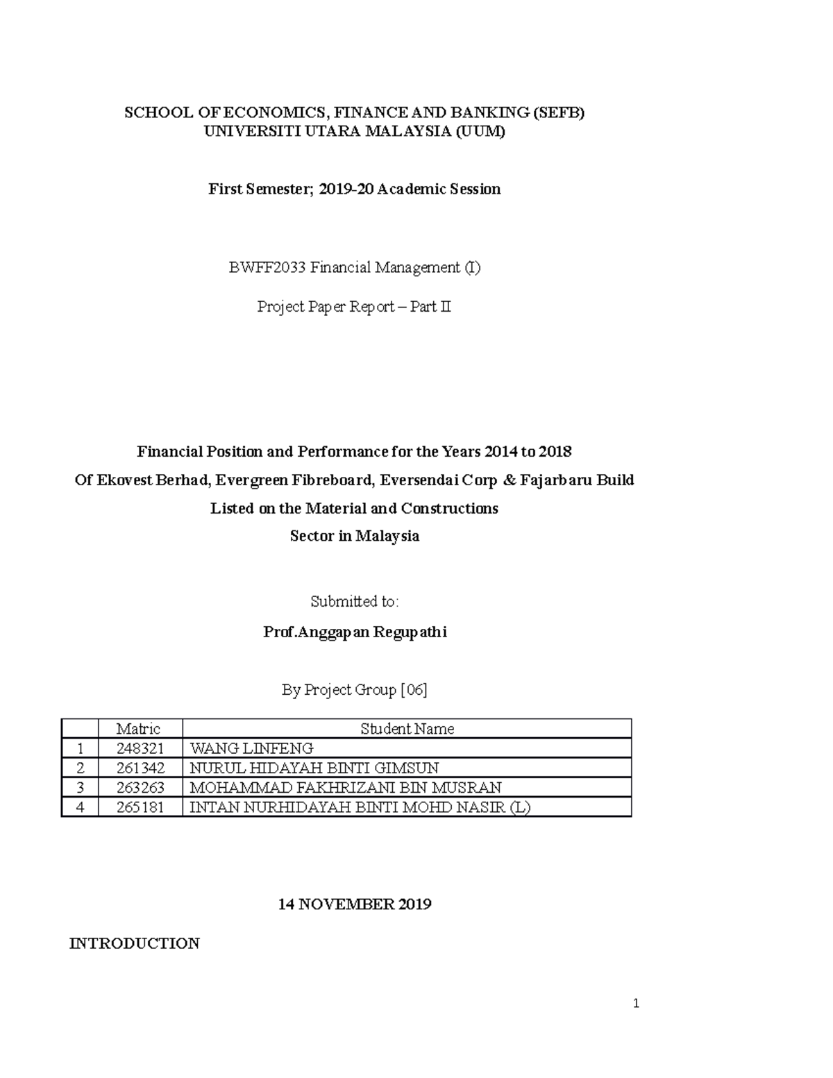 FM Project Report II [I06] - SCHOOL OF ECONOMICS, FINANCE AND BANKING ...