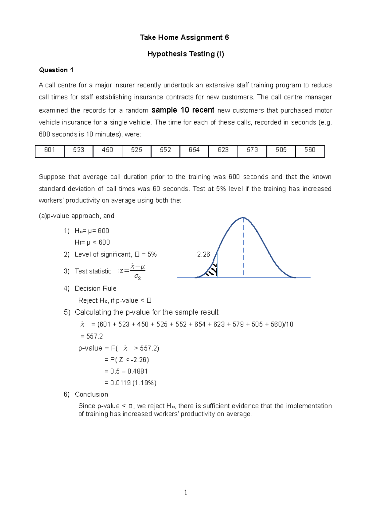 THA 6 - 9/10 - Take Home Assignment 6 Hypothesis Testing (I) Question 1 ...