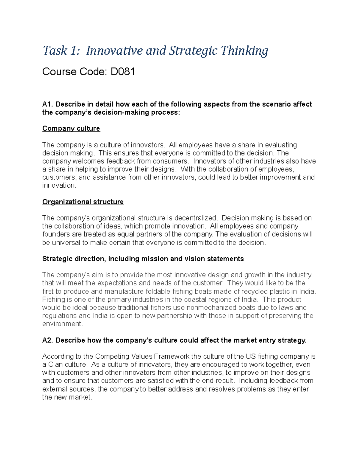 D081 Task 1 Innovative and Strategic Thinking - Task 1: Innovative and ...