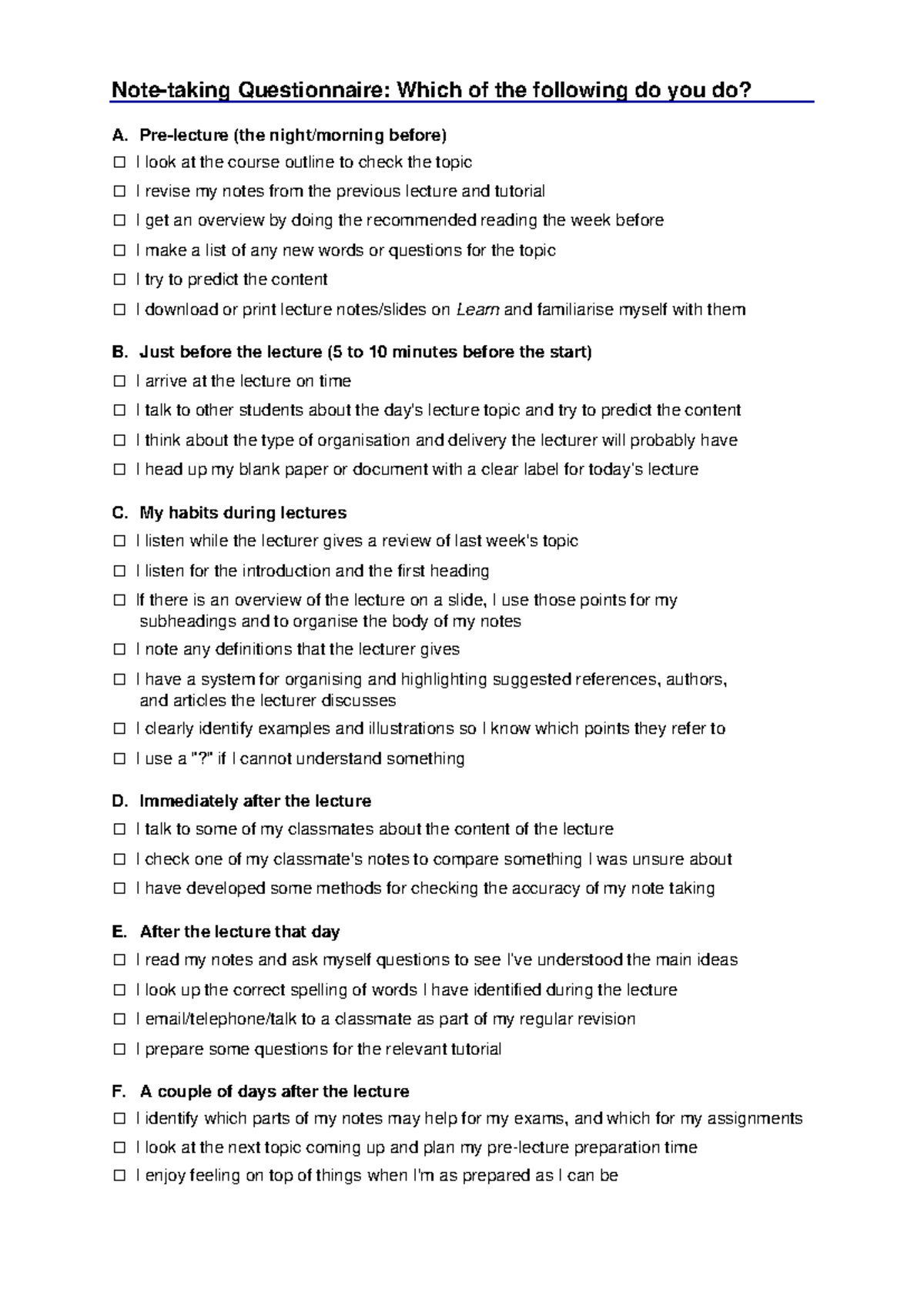 Notetaking tips - Note-taking Questionnaire: Which of the following do ...