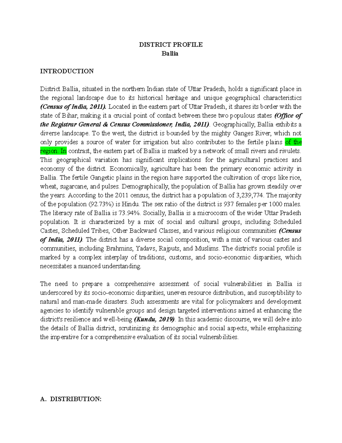 Final Ballia - Social district profile - DISTRICT PROFILE Ballia INTRODUCTION District Ballia ...