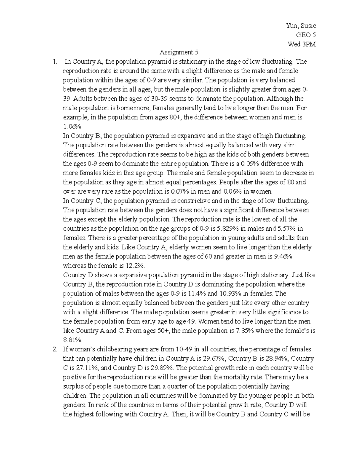 Geo Assignment 5 - Yun, Susie GEO 5 Wed 3PM Assignment 5 In Country A ...