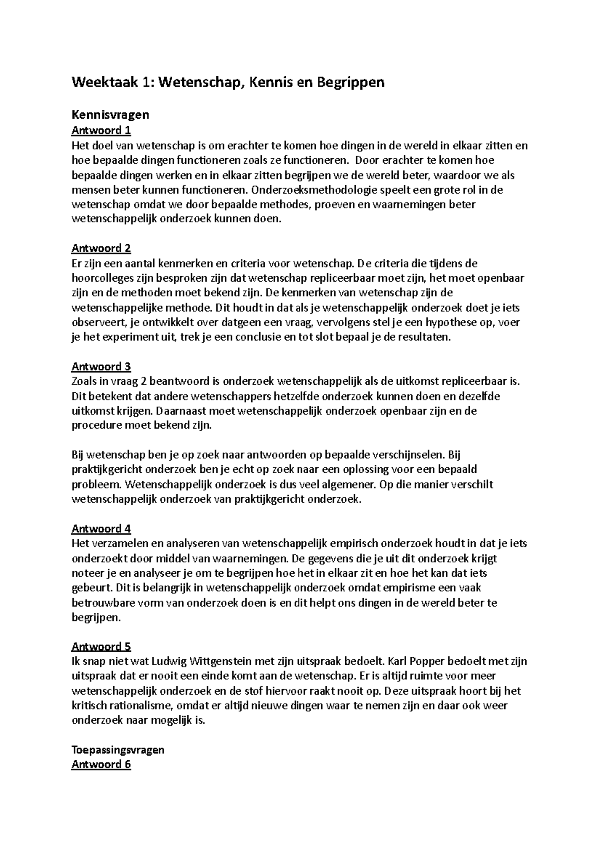 Weektaak 1 vraag 1 tm 6 - Weektaak 1: Wetenschap, Kennis en Begrippen ...