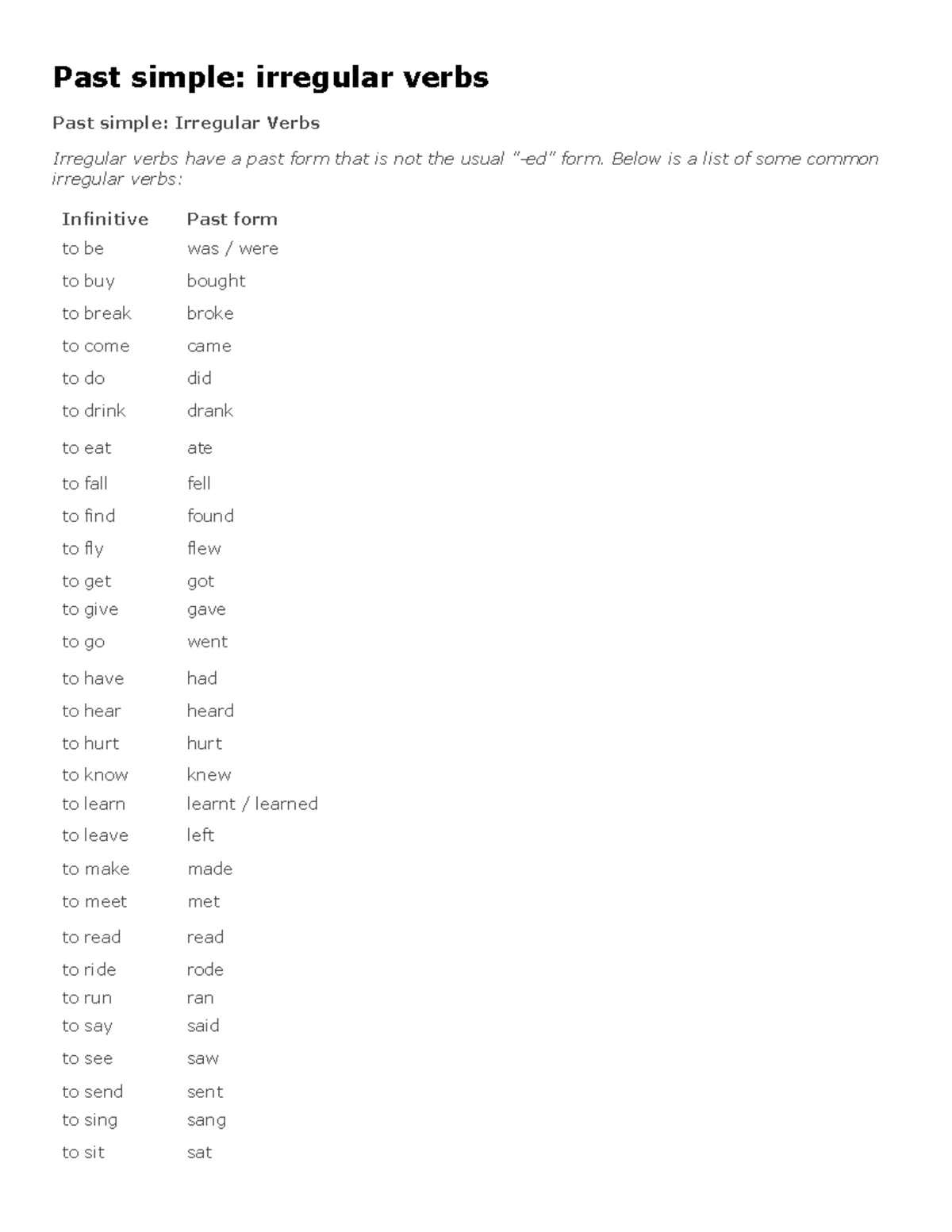Past simple irregular verbs - Past simple: irregular verbs Past simple ...