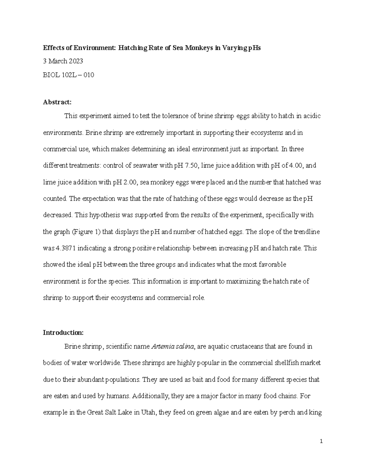 Brine Shrimp Lab Report - Effects of Environment: Hatching Rate of Sea ...