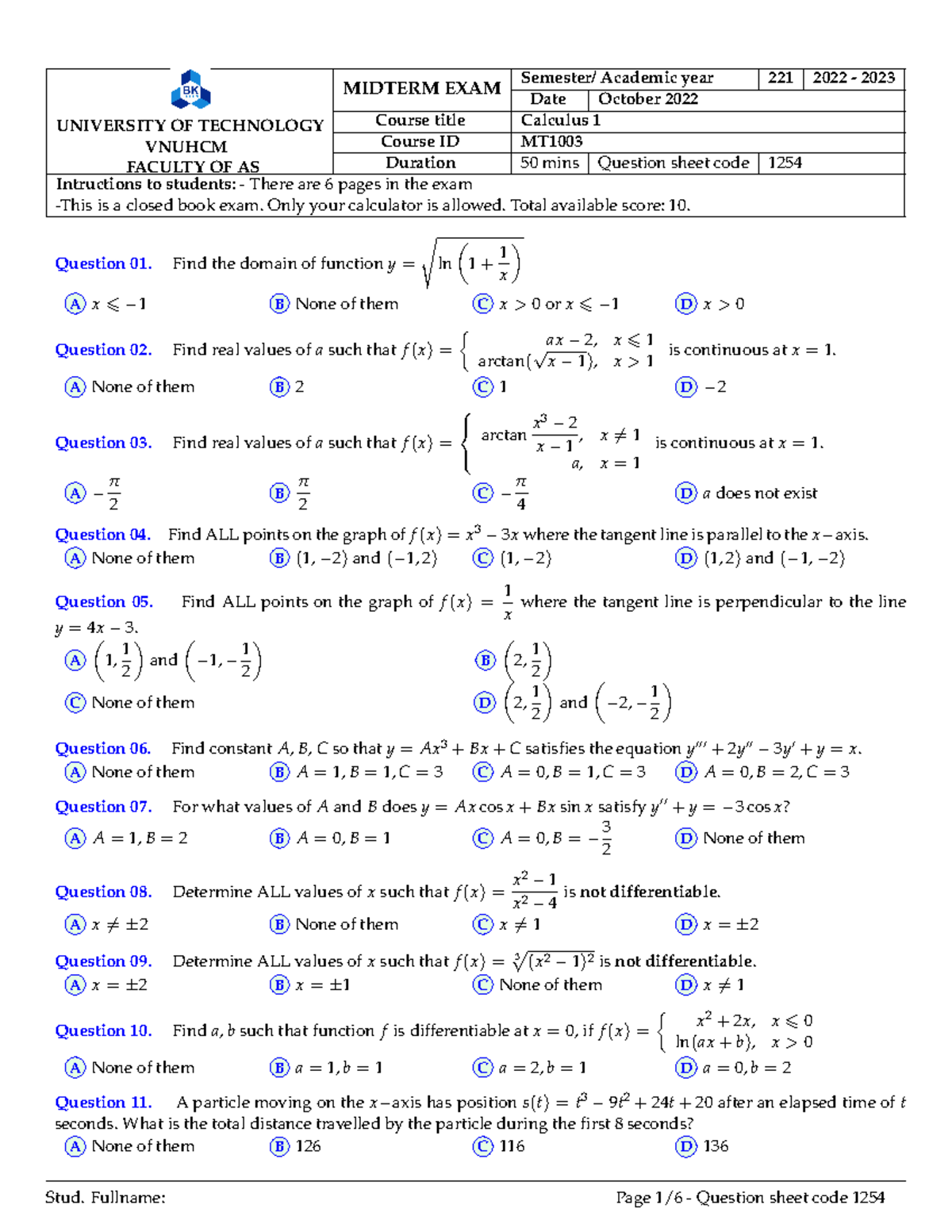 Midterm practice - UNIVERSITY OF TECHNOLOGY VNUHCM FACULTY OF AS ...