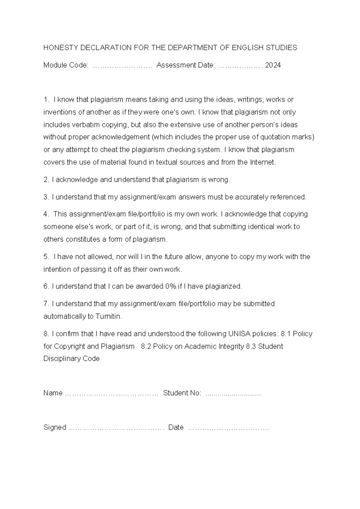 Honesty Declaration - HONESTY DECLARATION FOR THE DEPARTMENT OF ENGLISH ...