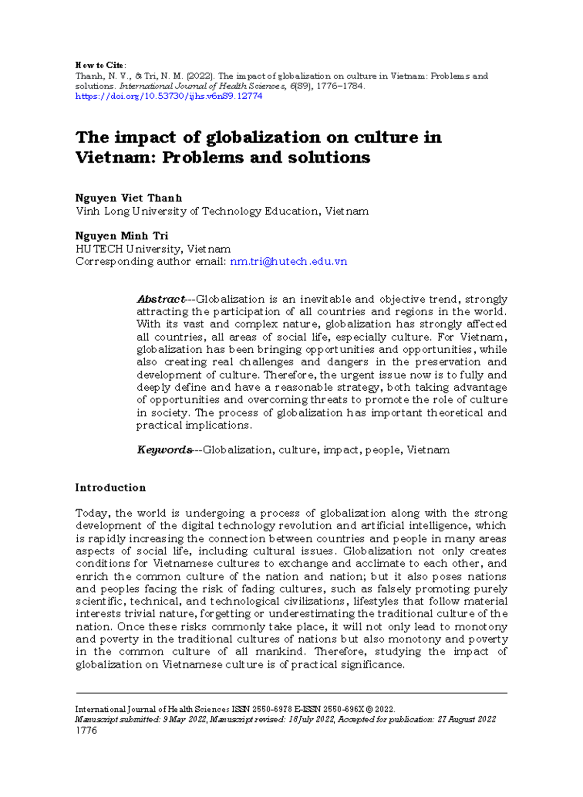 The impact of globalization on culture i - How to Cite: Thanh, N. V ...